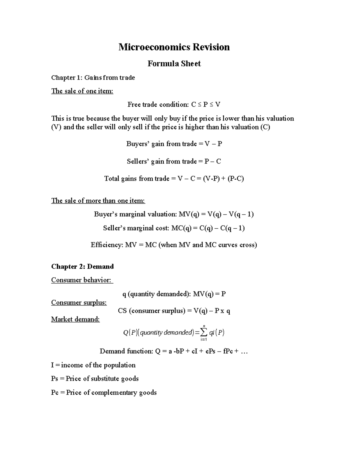 Microeconomics Formulas Chapter 1 3 - Microeconomics Revision Formula ...
