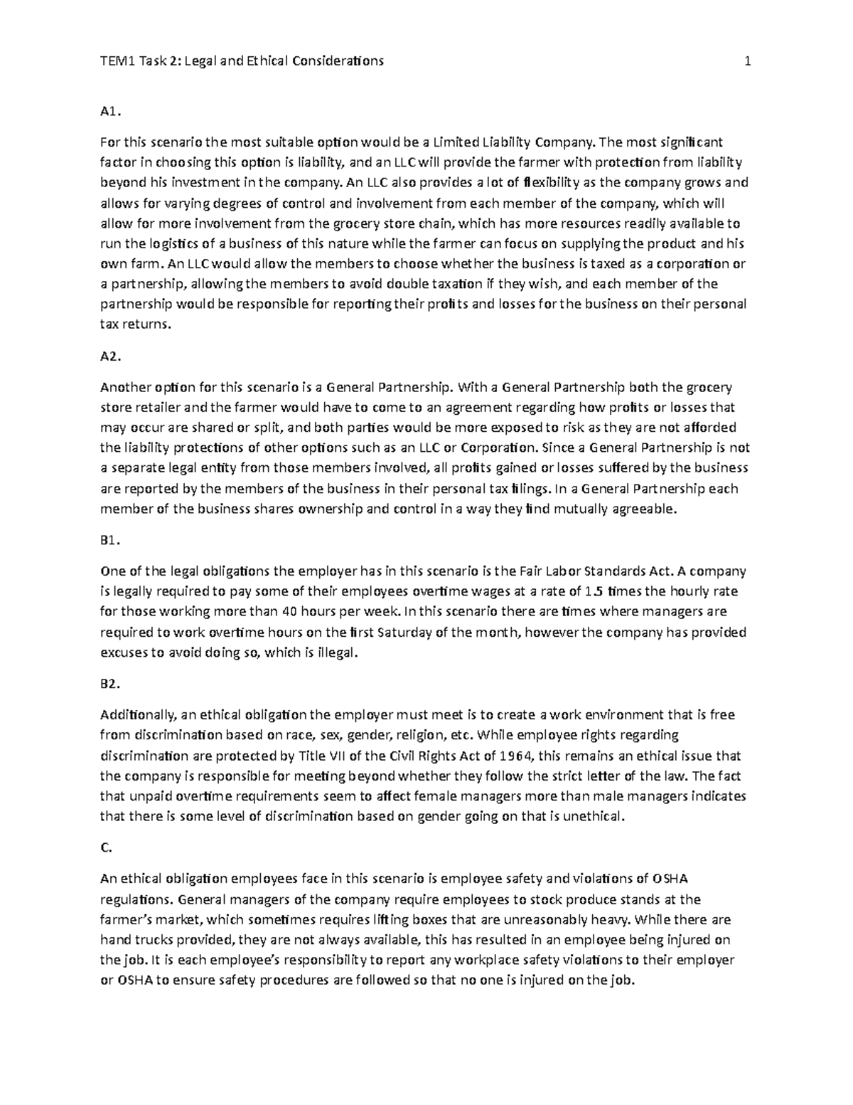 D078 task 2 - d078 task 2 - TEM1 Task 2: Legal and Ethical ...