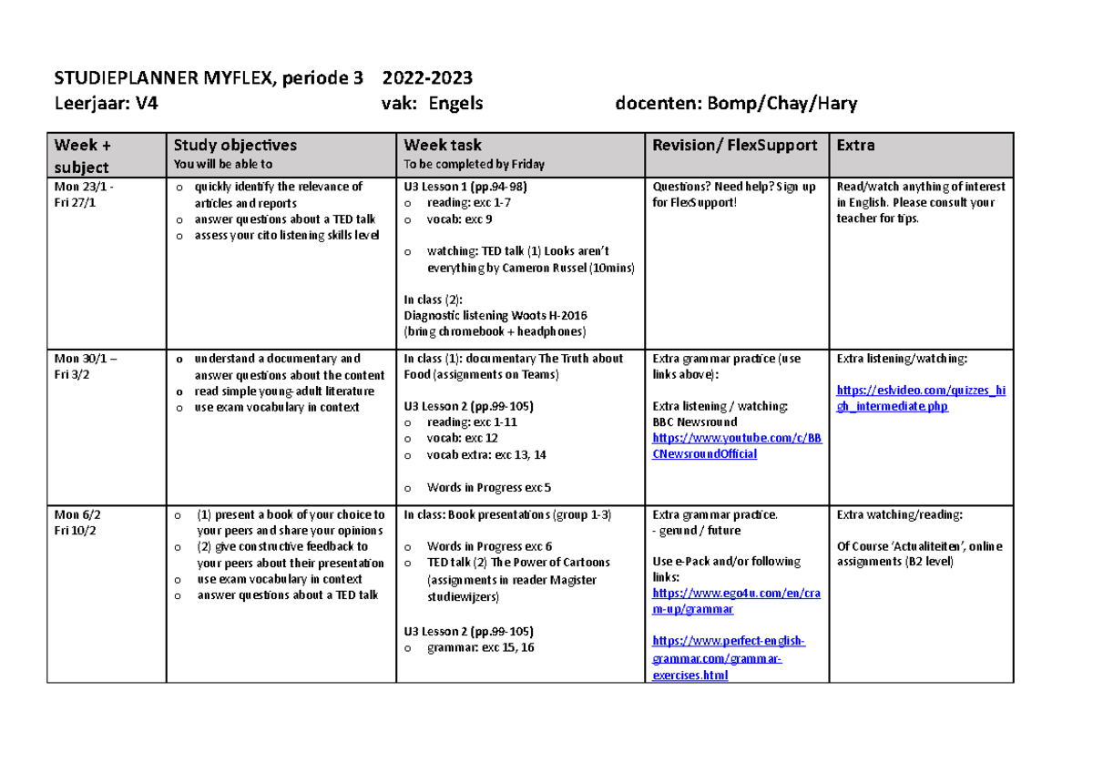 P3 V4 Engels Planner My Flex - STUDIEPLANNER MYFLEX, periode 3 2022 ...