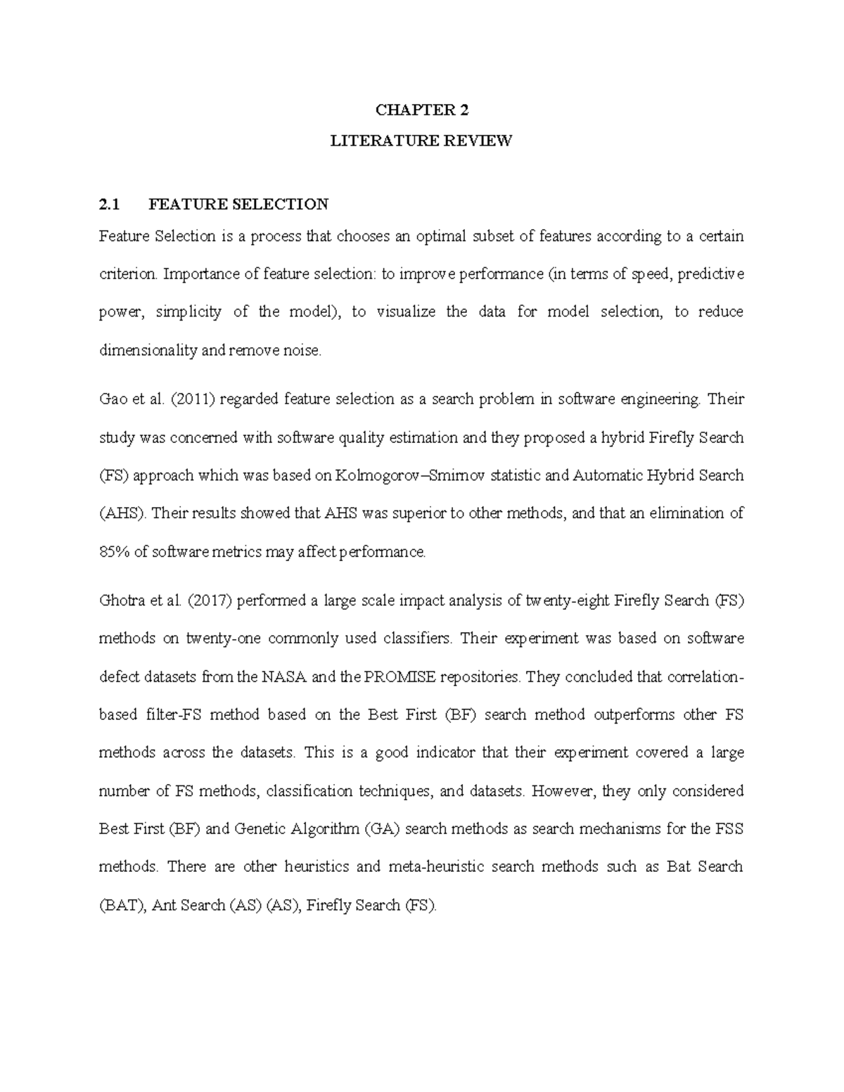 Chapter 2 Feature Subset Selection Chapter 2 Literature Review 2 Feature Selection Feature
