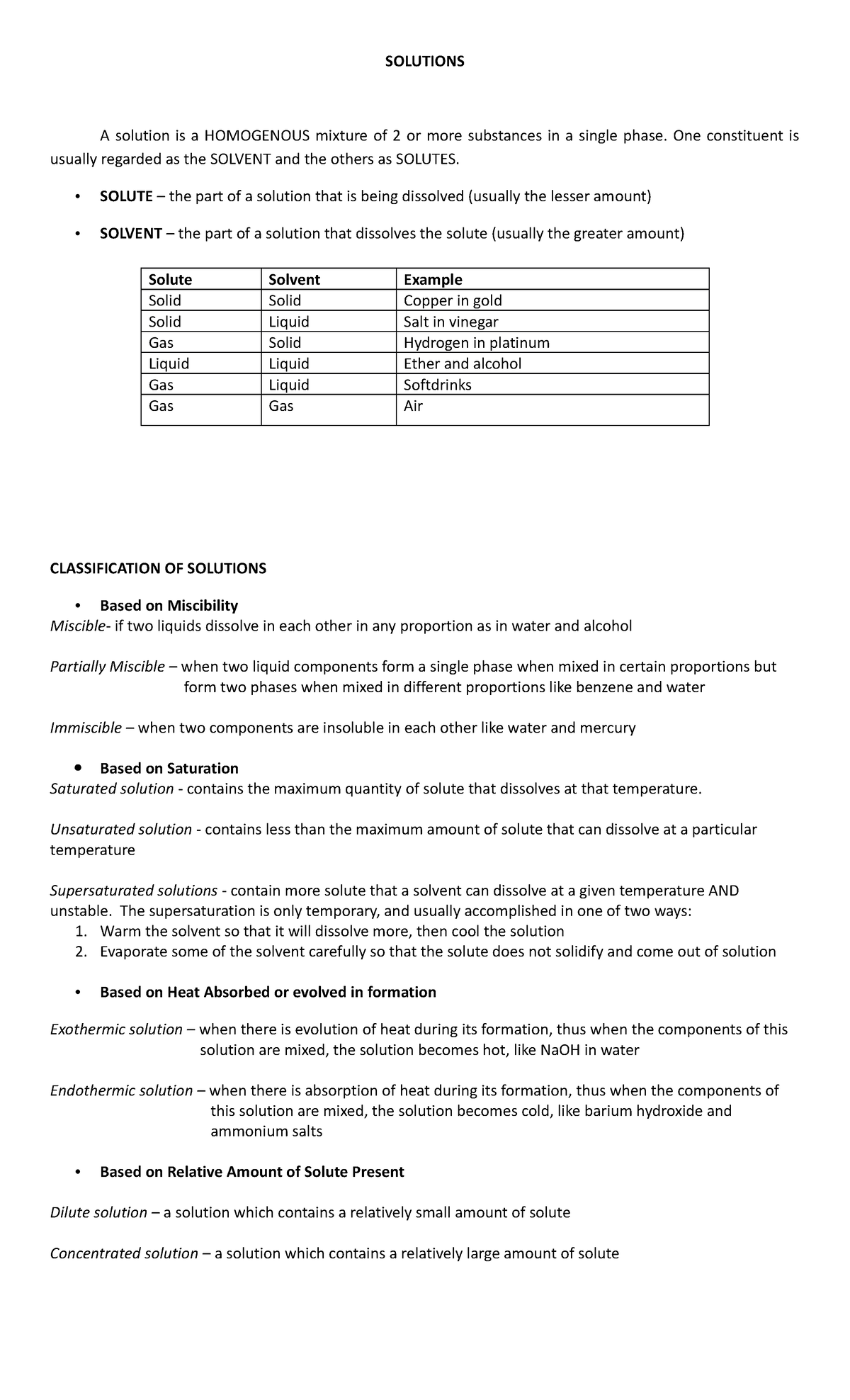 Solutions handout - A solution is a HOMOGENOUS mixture of 2 or more ...