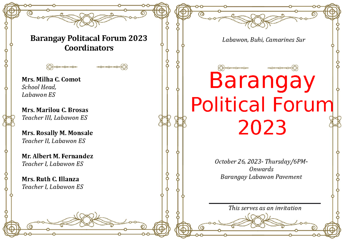 Program-Brgy - done - Barangay Politacal Forum 2023 Coordinators Mrs ...