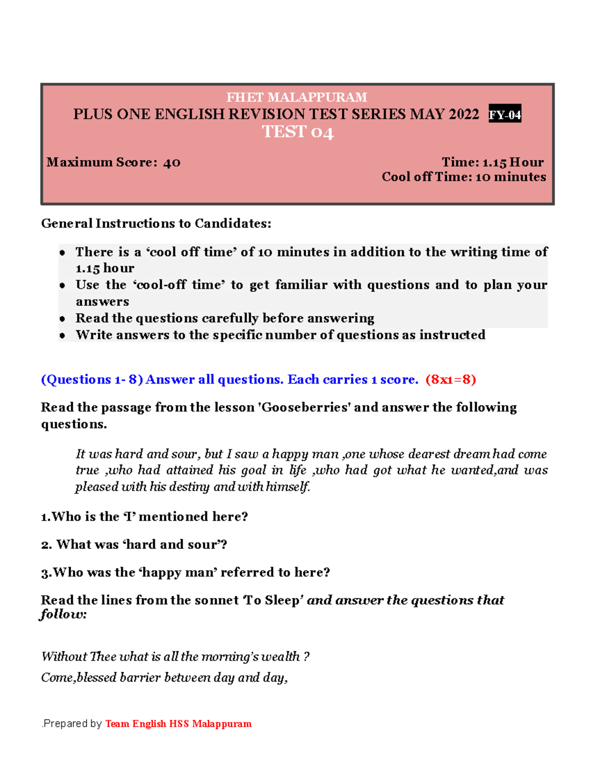 Plus one English Revision Test Series 2022 04 - FHET MALAPPURAM PLUS ...