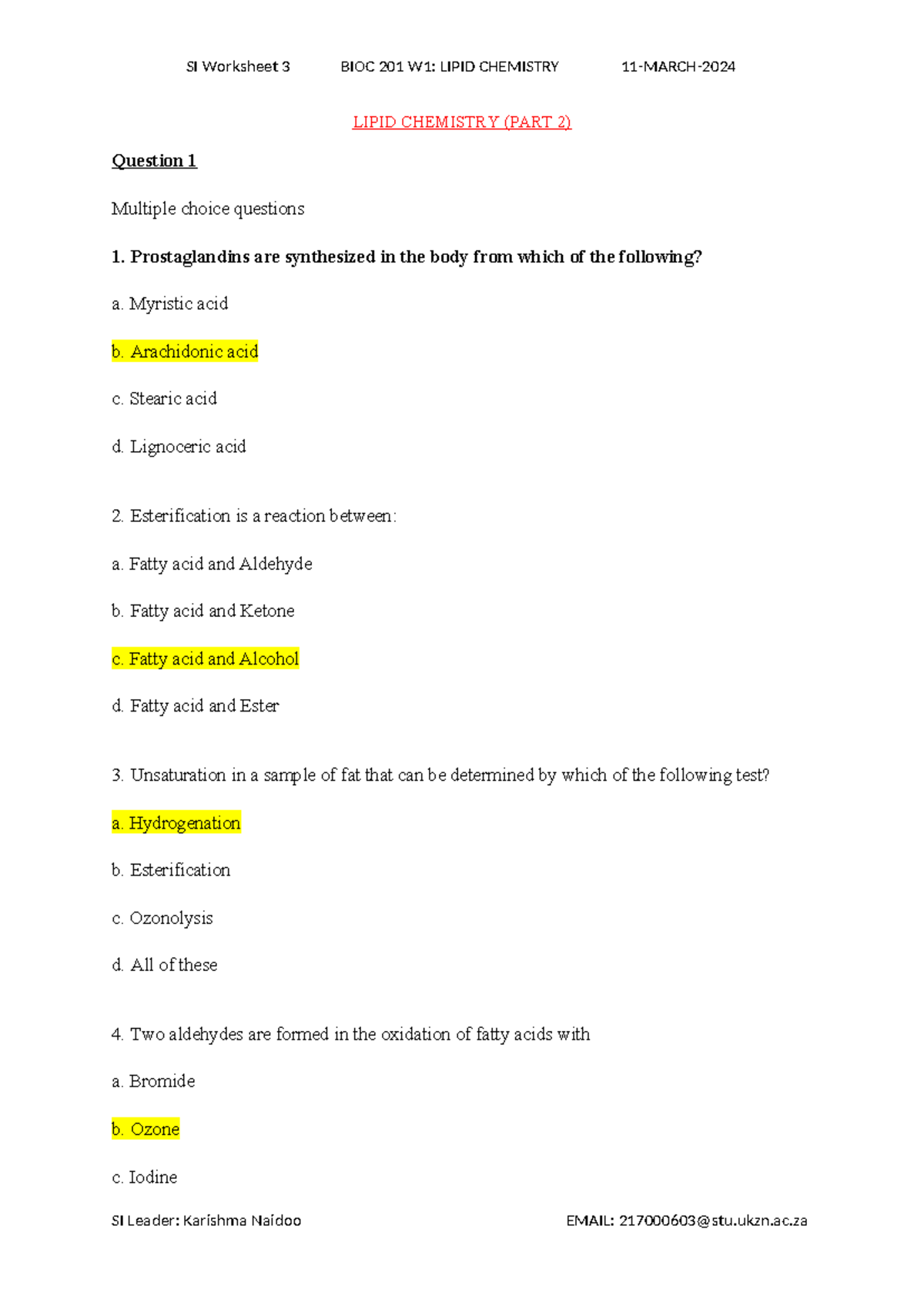 MEMO BIOC 201 Worksheet 3 Lipid Chemistry (PART 2) Karishma Naidoo ...