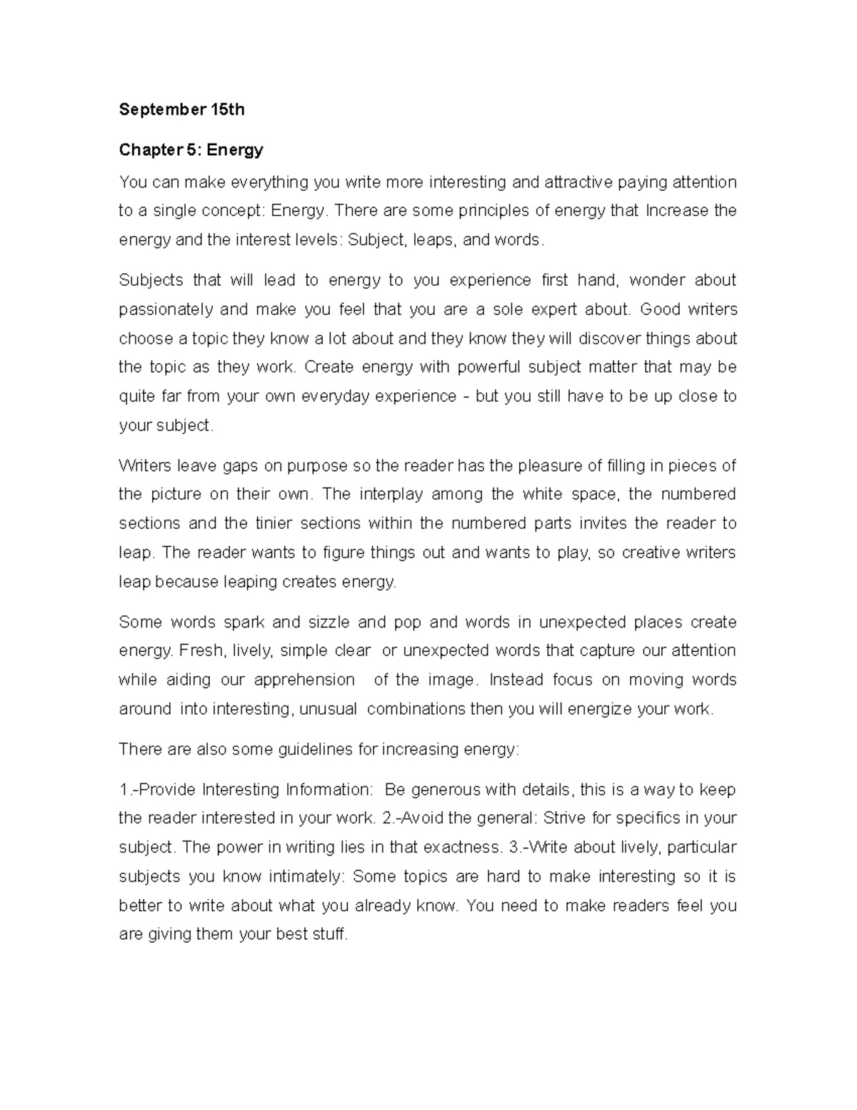 Escritura Creativa - CH5 Energy - September 15th Chapter 5: Energy You ...