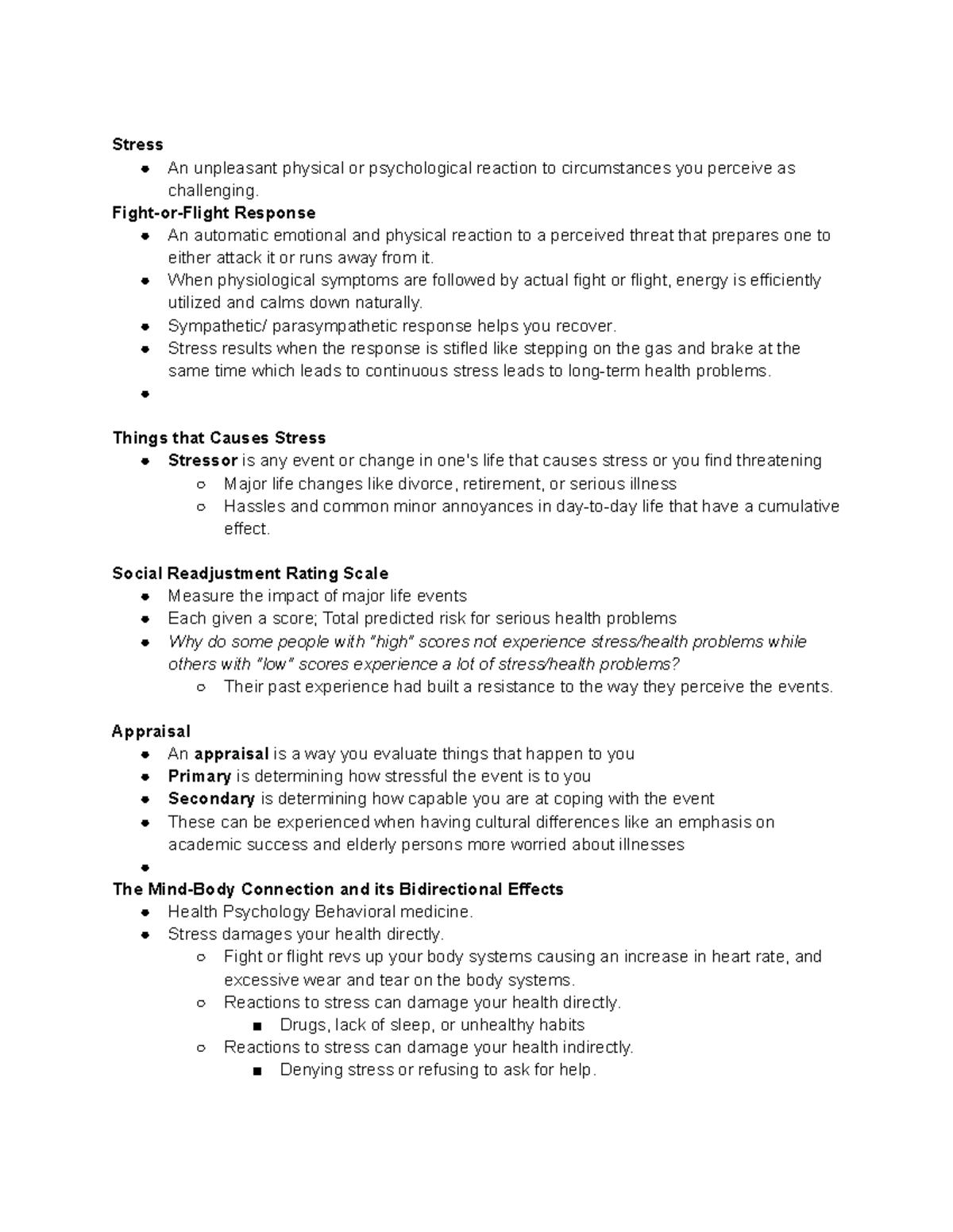 Psychology chapter 11 notes - Stress An unpleasant physical or ...