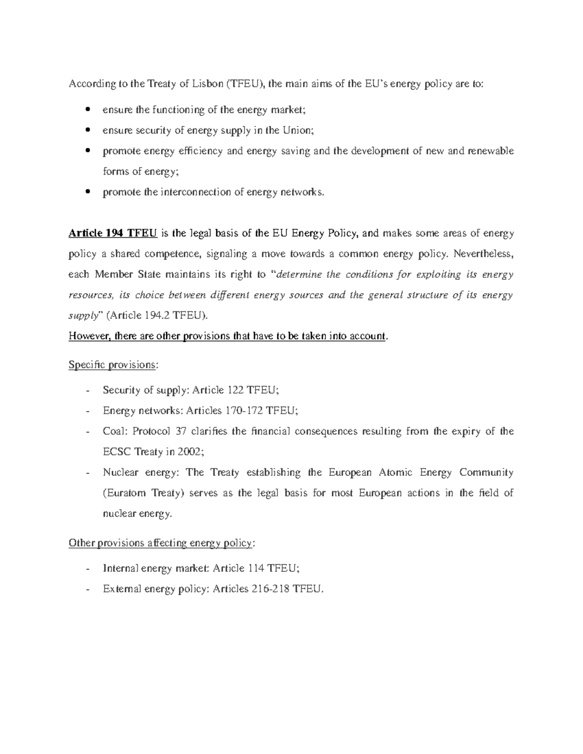 Energy - Specific Provisions (TFEU) - According to the Treaty of Lisbon ...