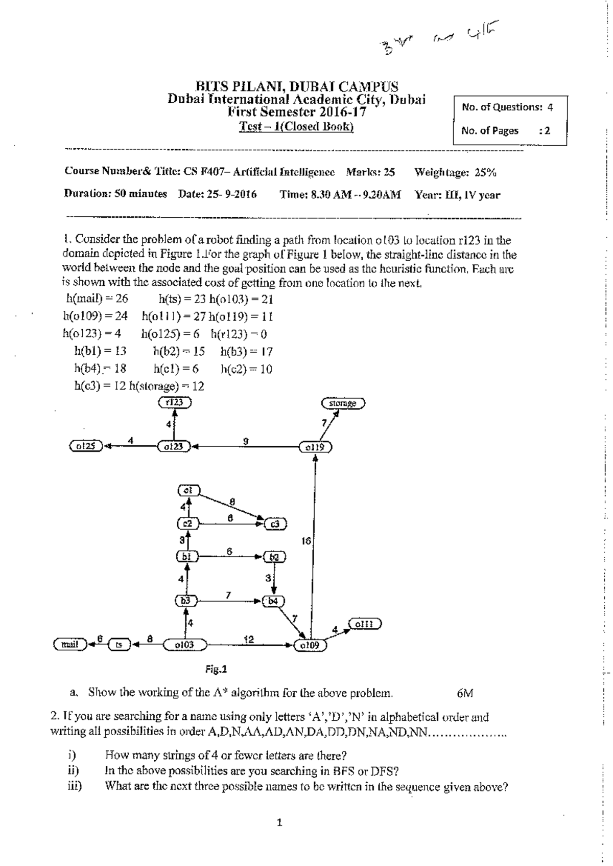 2016-17 QUESTION PAPER FOR ARTIFICIAL INTELLIGENCE.Practice questions ...