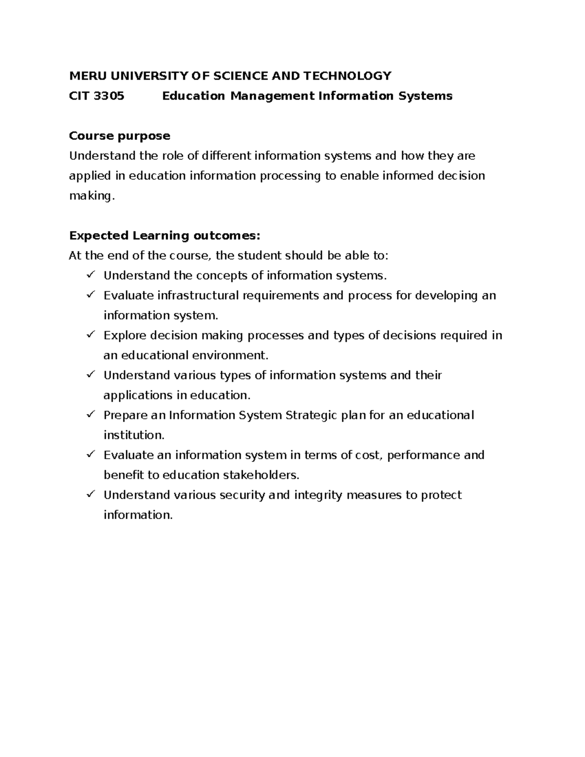 CIT 3305 Education Management Information Systems course outline - MERU ...
