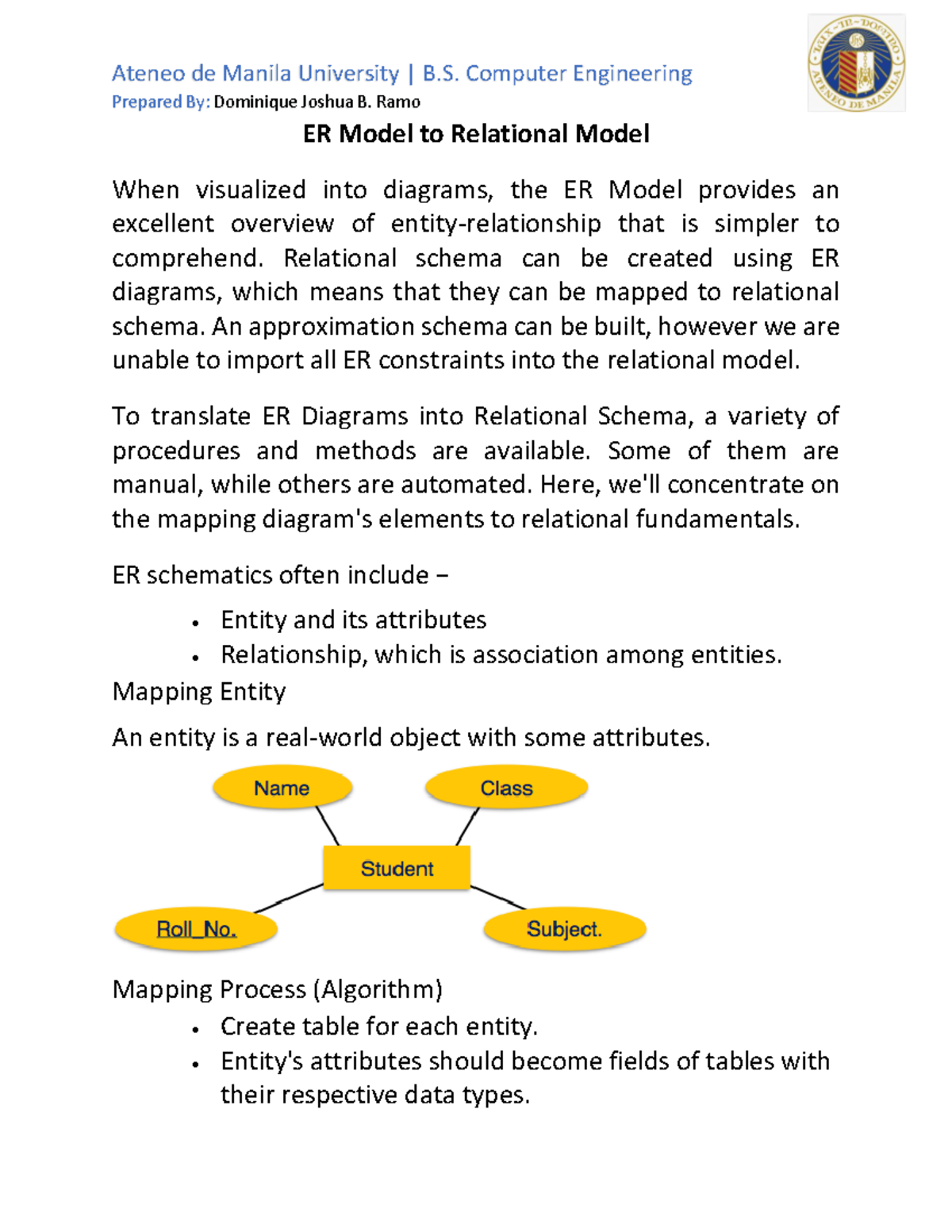 Study Guide - ER Model to Relational Model - Prepared By: Dominique Joshua B. Ramo ER Model to ...