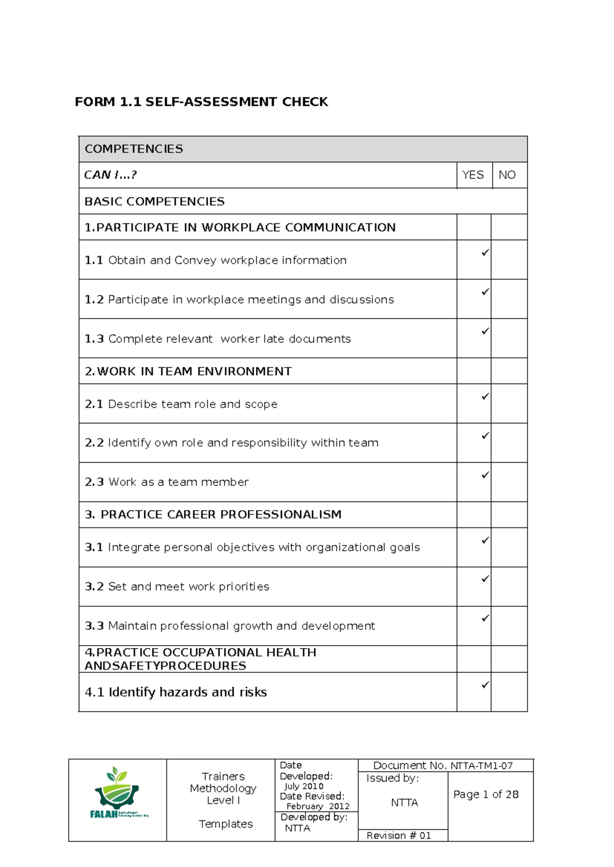 TNA Forms 1.1-1.4 muhaina - FORM 1 SELF-ASSESSMENT CHECK COMPETENCIES CAN I...? YES NO BASIC ...