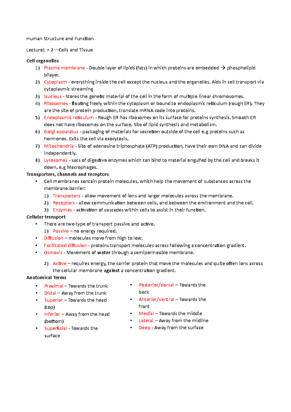 Human Structure and Function exam study note semester 1 - BMS100 ...