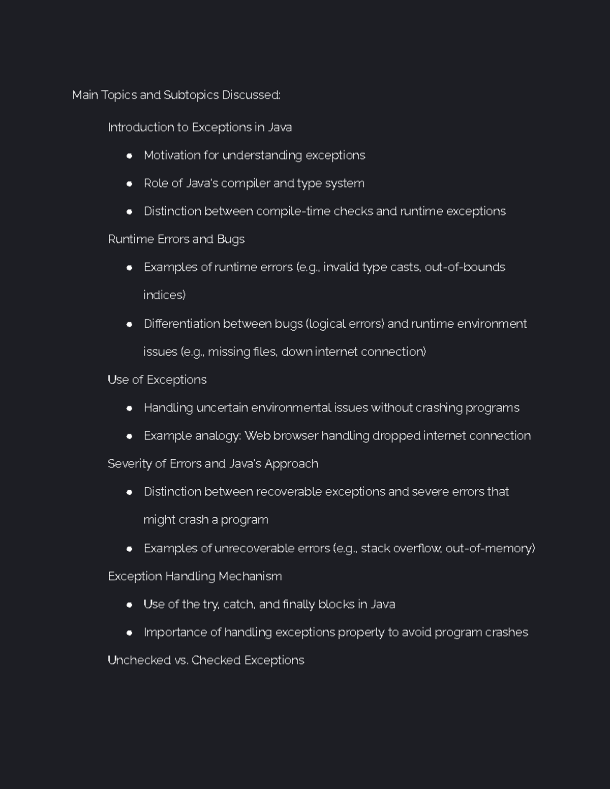 ITI1121 - Lecture 16 - Exceptions AND Error Handling - Main Topics and Subtopics Discussed ...