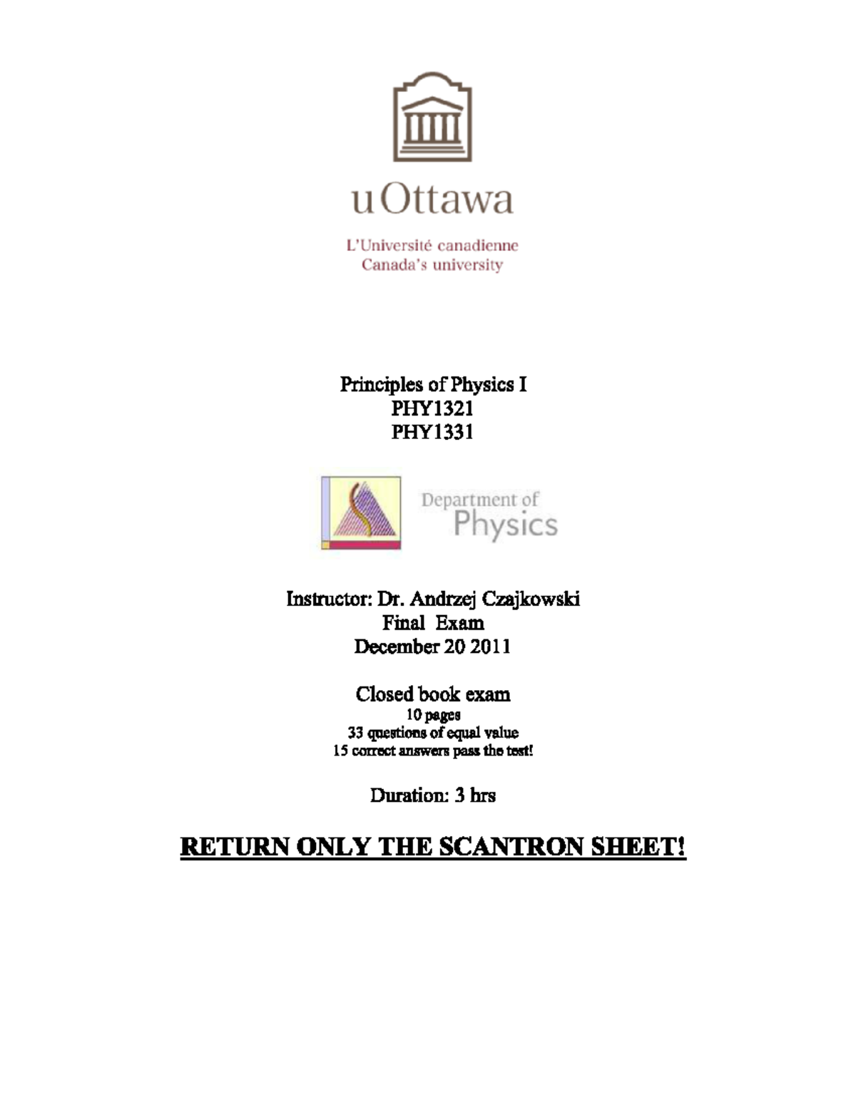 Final Exam Prep - u Ottawa canadienne university Principles of Physics ...