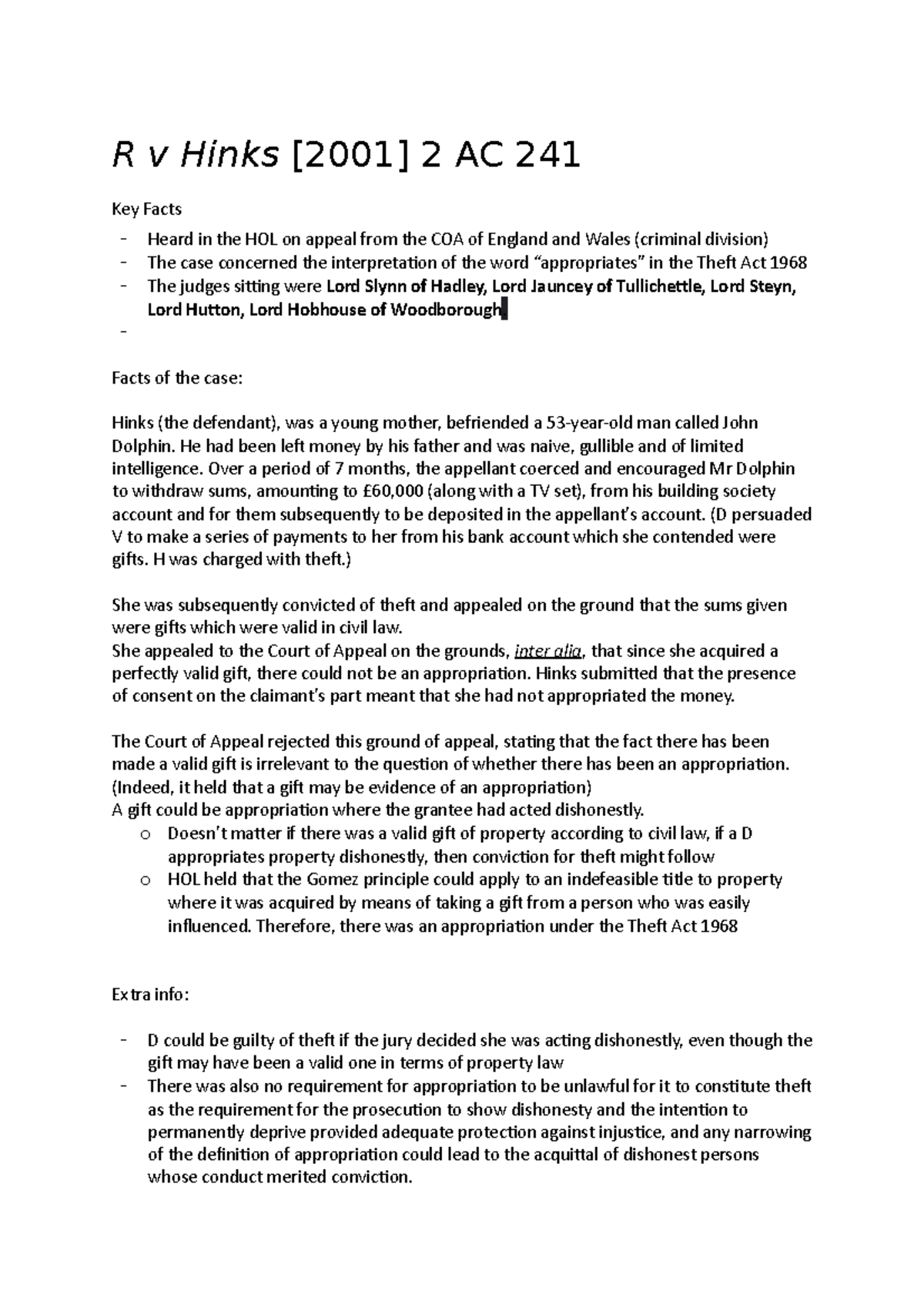 R v Hinks case presentation wk9 - R v Hinks [2001] 2 AC 241 Key Facts ...