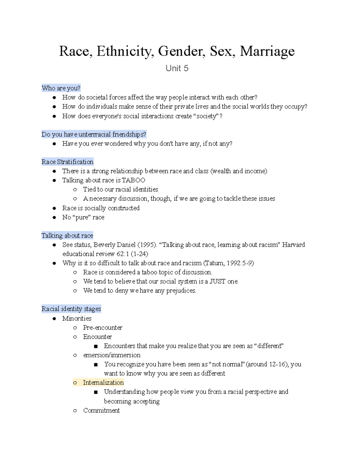 Unit 5 Sociology Notes - Race, Ethnicity, Gender, Sex, Marriage Unit 5 ...