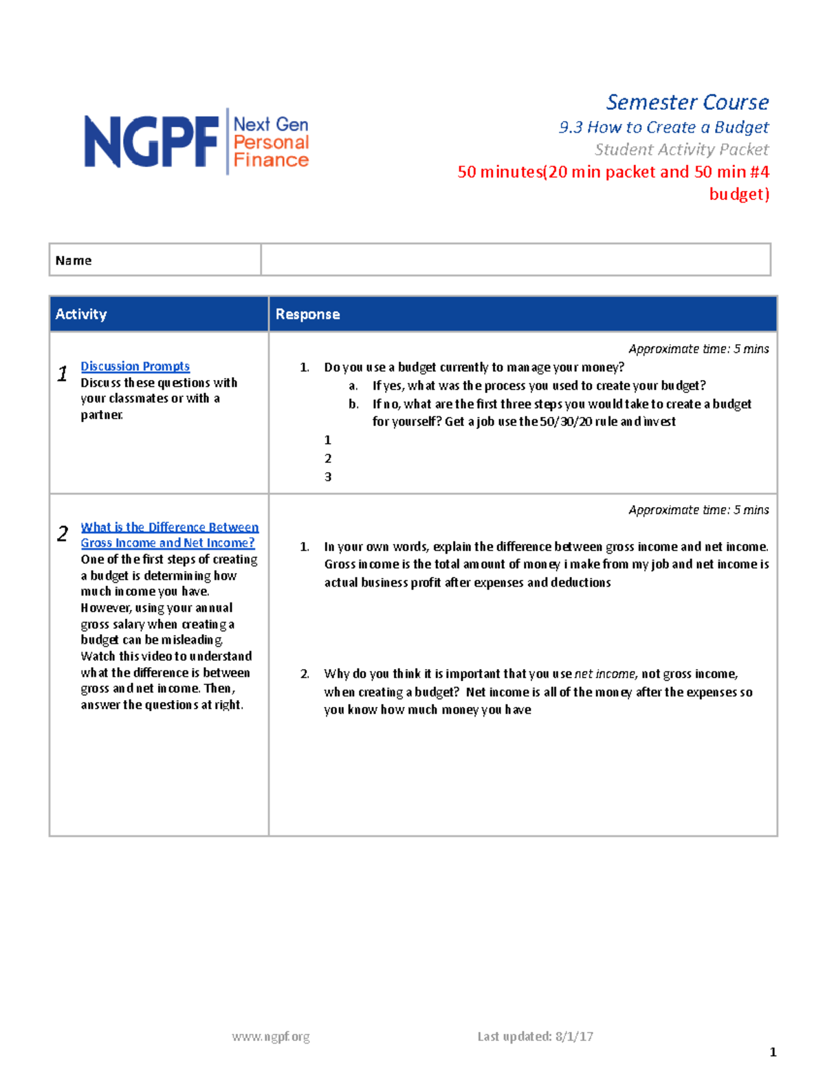 Copy of 9.3 How to Make a Budget - Semester Course 9 How to Create a ...