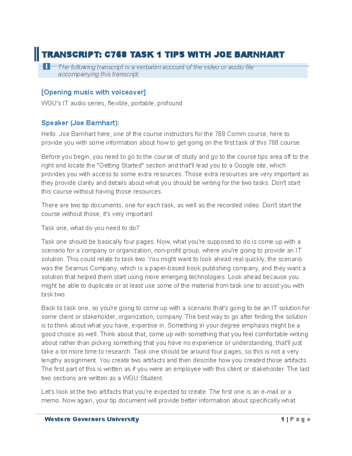 C768 Tips from Instructor - Get Started on Task 1 - TRANSCRIPT: C 768 ...