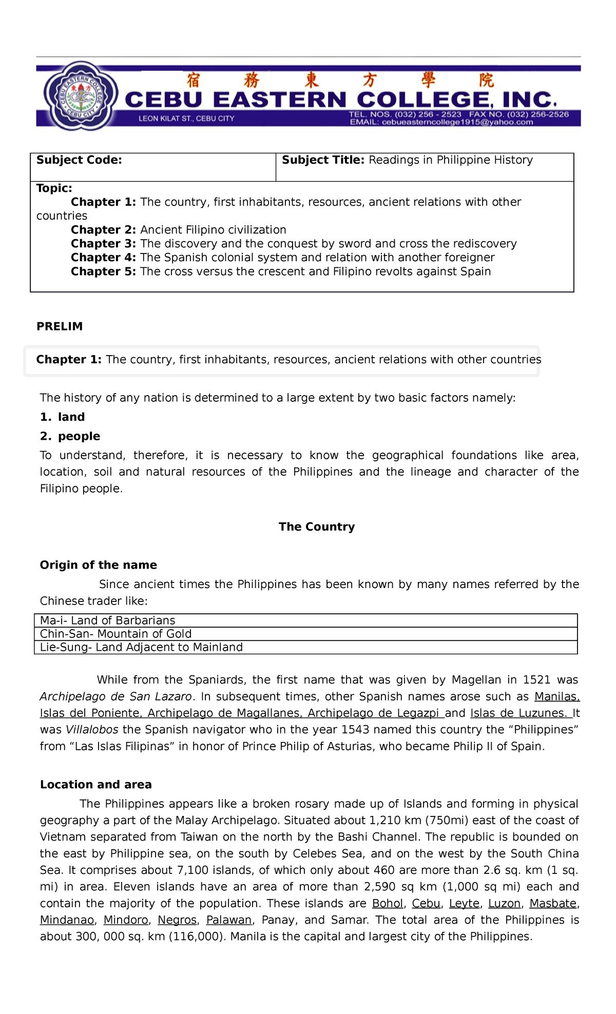 Prelim- History Modules - Subject Code: Subject Title: Readings in ...