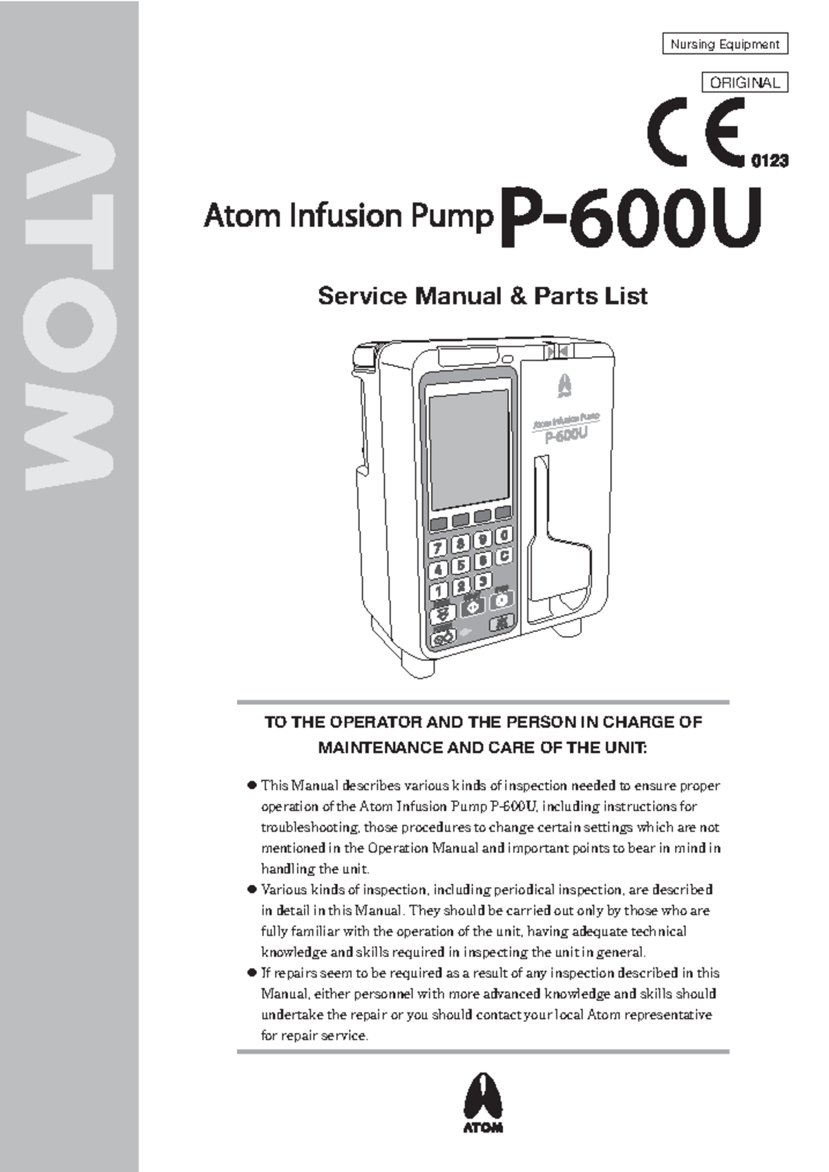 Atom Infusion Pump P-600U Service Manual E15SG000 - Nursing Equipment ...