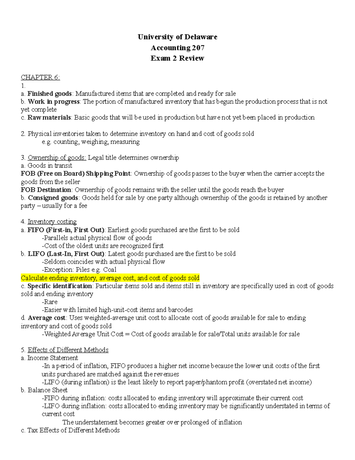 Accounting Review Sheet Exam 2 - University of Delaware Accounting 207 ...