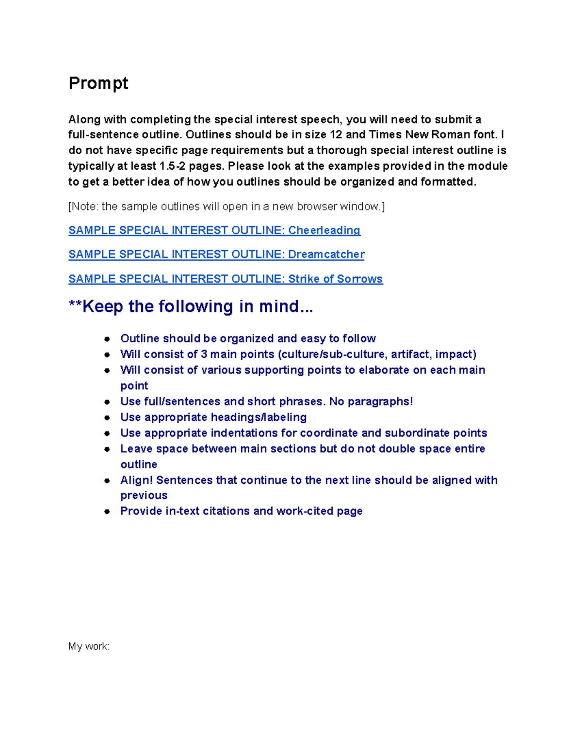 Special Interest Outline - Prompt Along with completing the special ...