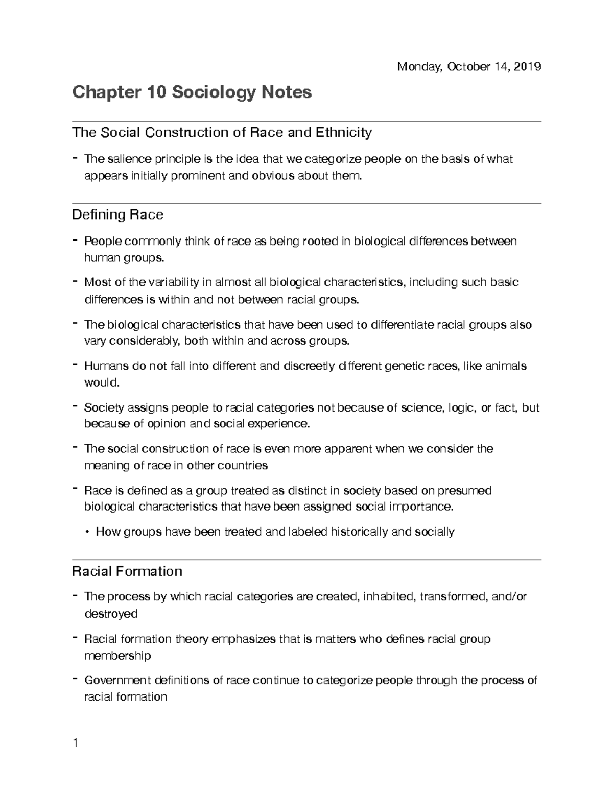 Chapter 10 notes - Chapter 10 Sociology Notes The Social Construction ...