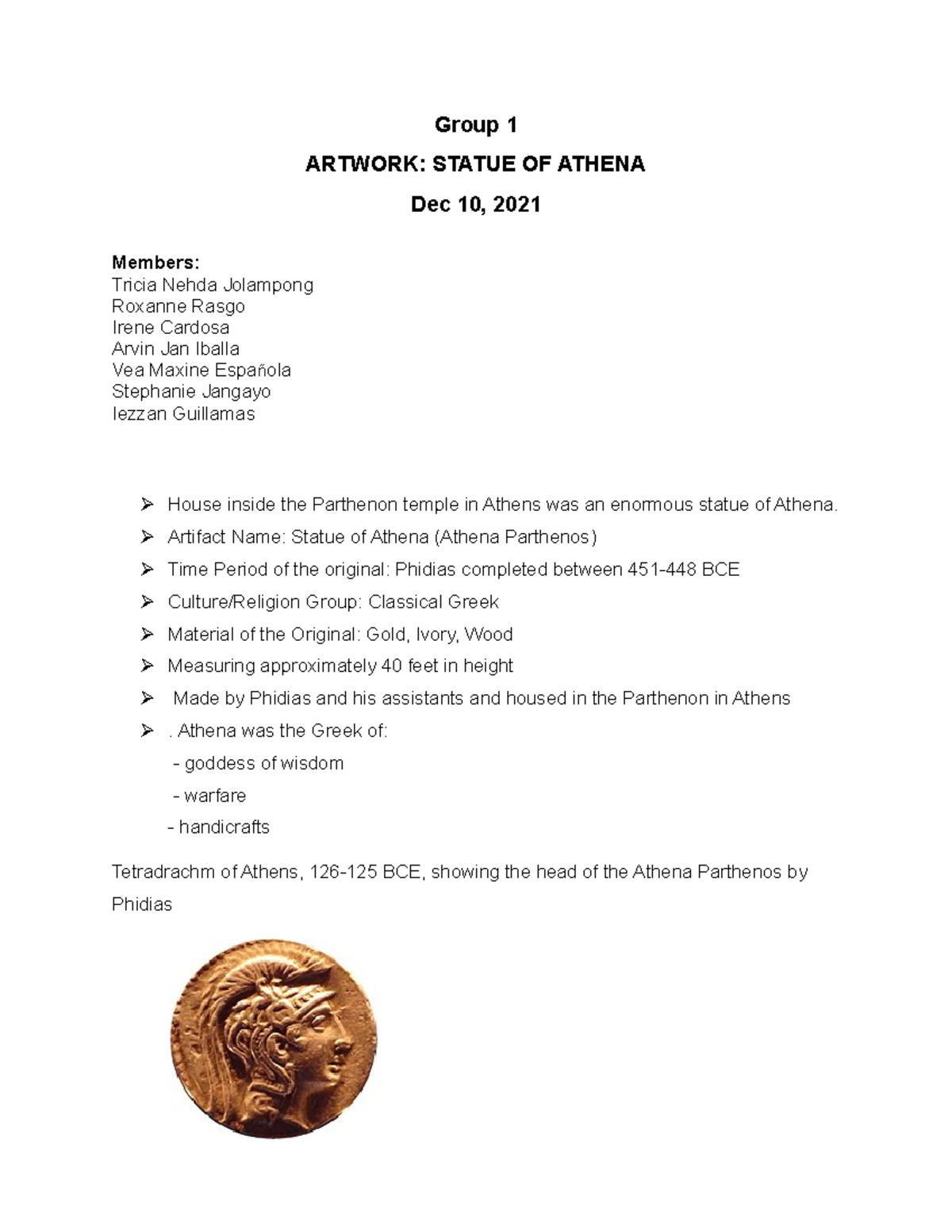 Group 1 Statue OF Athena - Creative Nonfiction - Studocu
