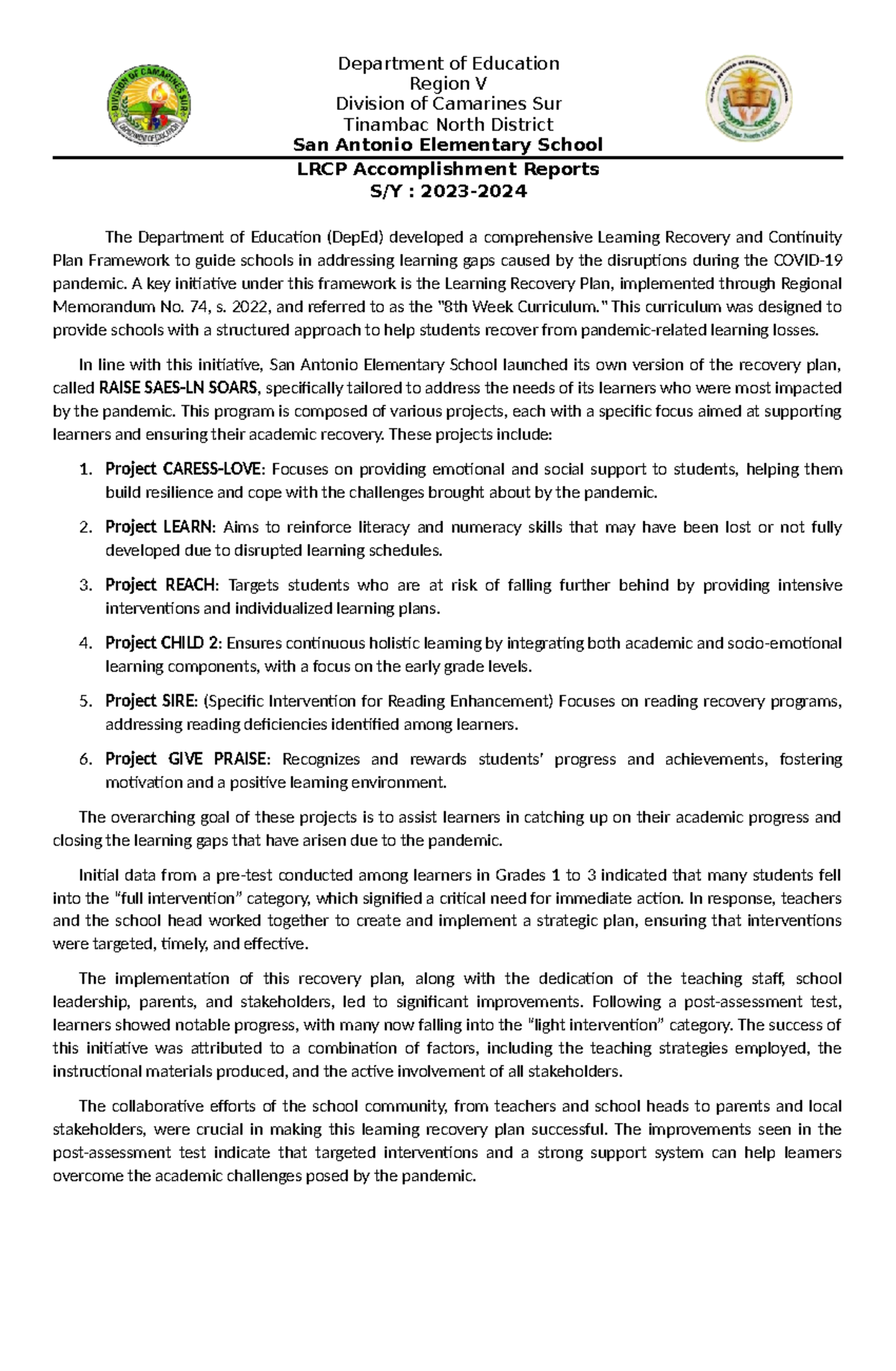 Accomplishment Report in LRCP - Department of Education Region V ...