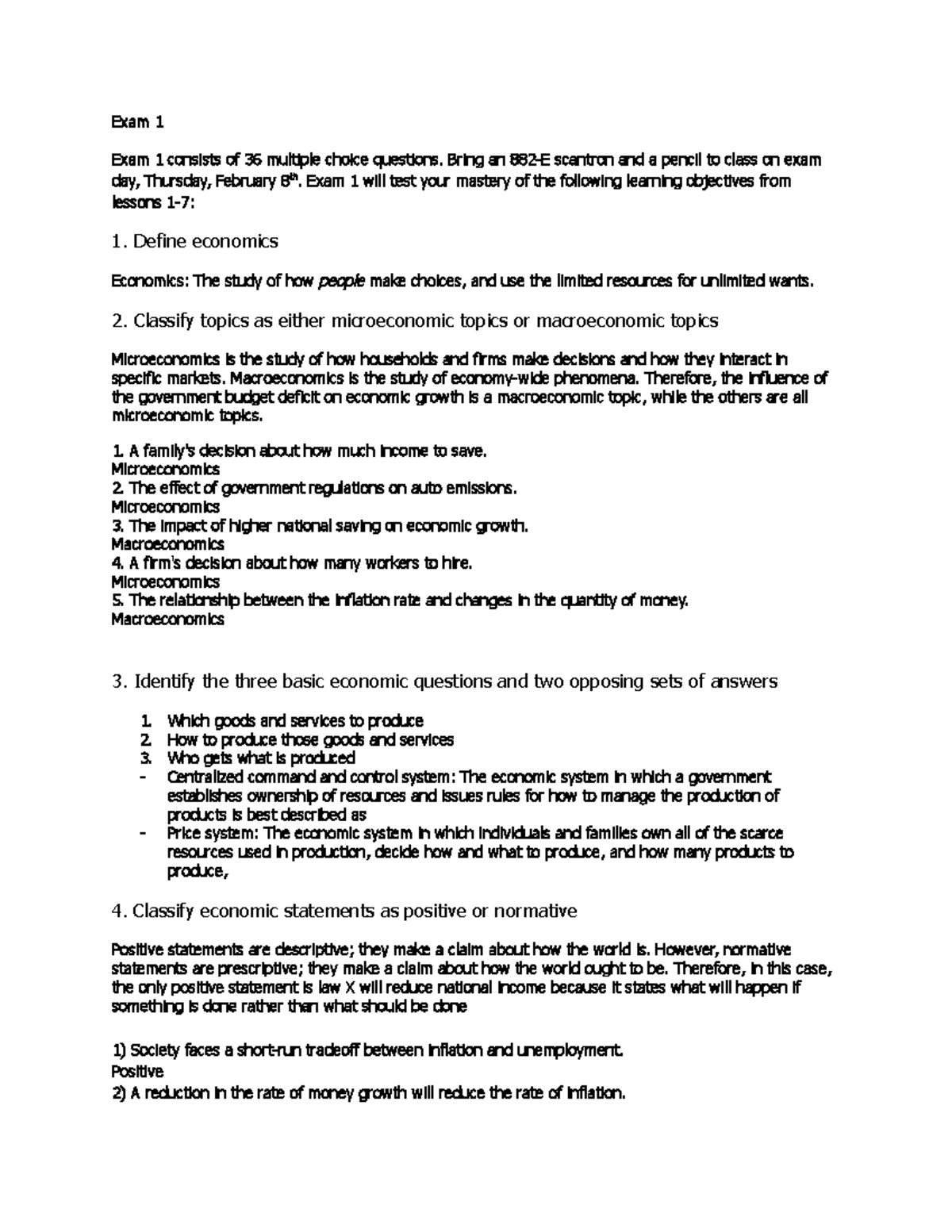 Econ Exam 1 Study Sheet - Exam 1 Exam 1 consists of 36 multiple choice ...