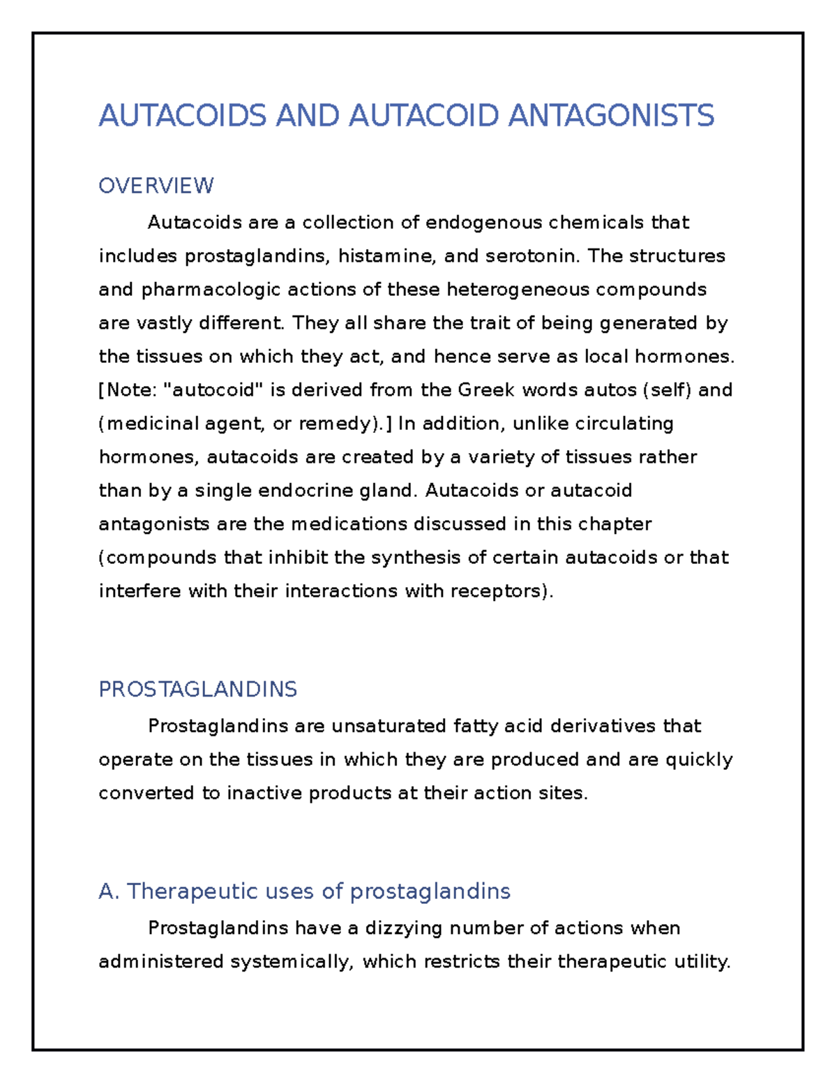 Detail NOTE ON Autacoids AND Autacoid Antagonists - AUTACOIDS AND ...