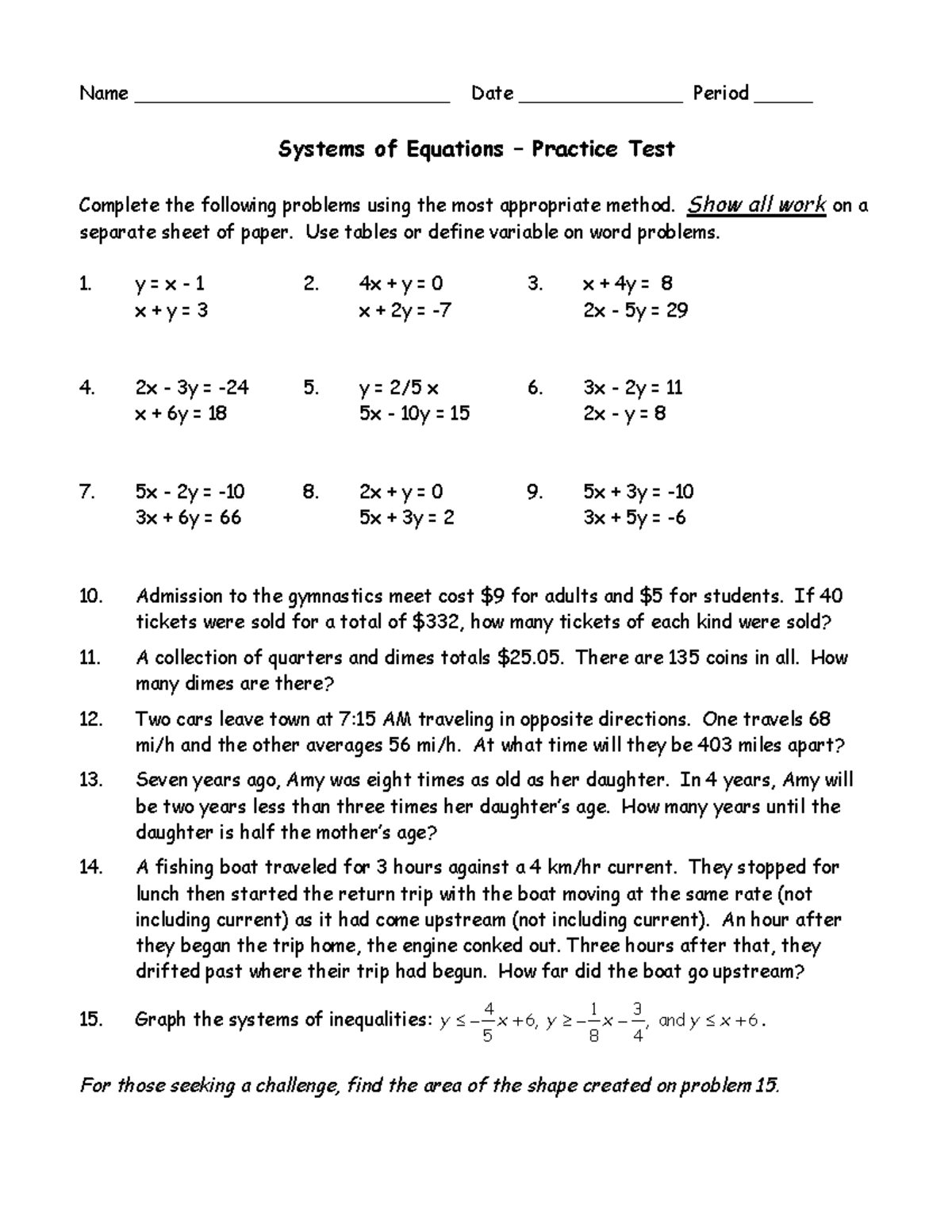 Systems of Equations Review Practice Test SE - Name ...