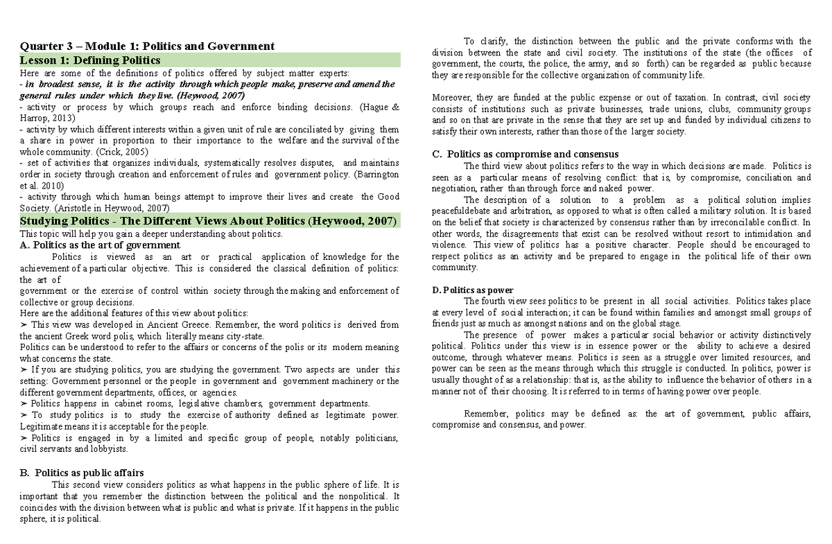 Polgov - Lecture Notes - Third Quarter - Quarter 3 – Module 1: Politics ...