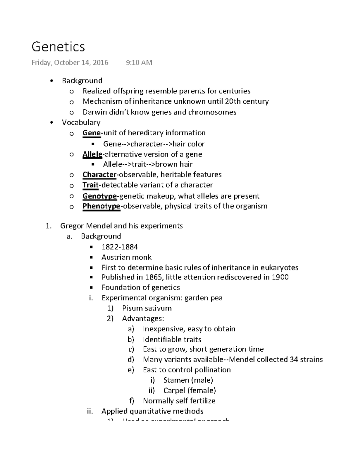 Genetics - Lecture notes 10 - Genetics Friday, October 14, 2016 9:10 AM ...