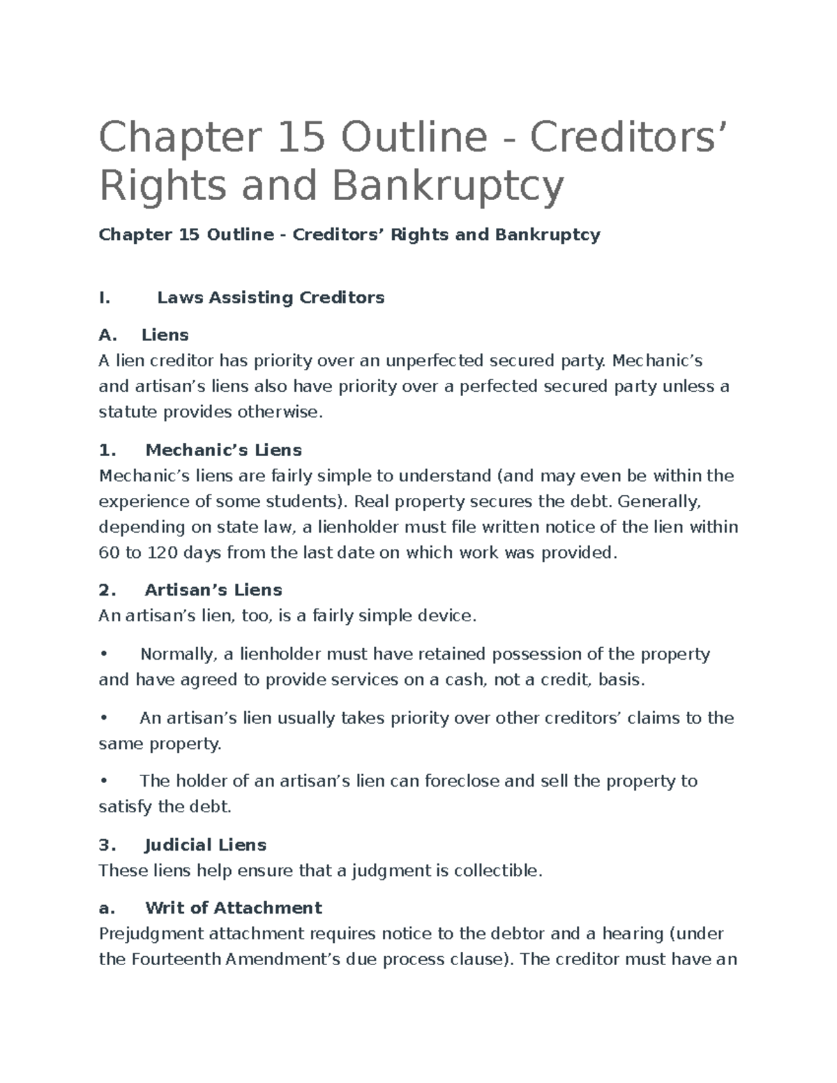 Chapter 15 Outline - Creditors’ Rights and Bankruptcy - Laws Assisting ...