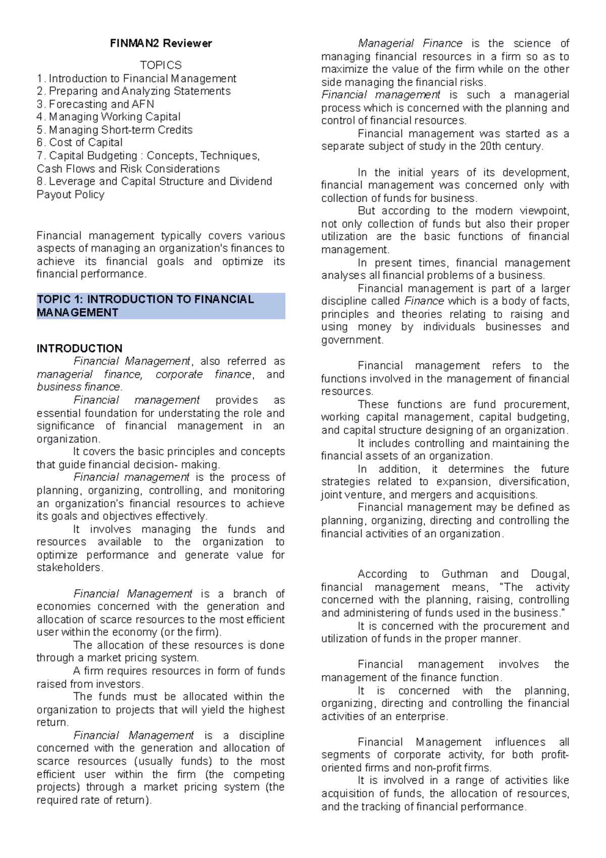 Finman 2 Reviewer - FINMAN2 Reviewer TOPICS Introduction to Financial ...