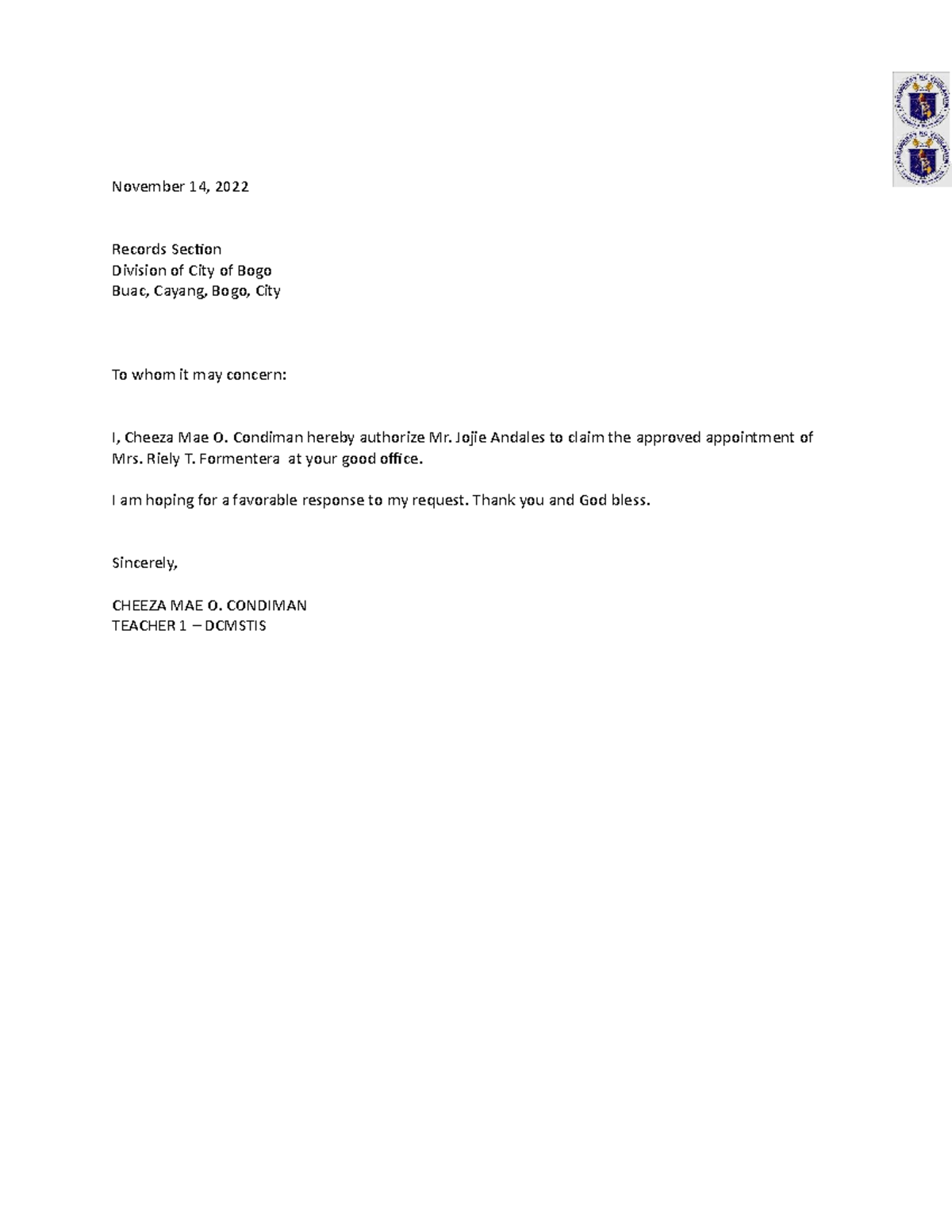 Authorization Letter - November 14, 2022 Records Section Division of ...