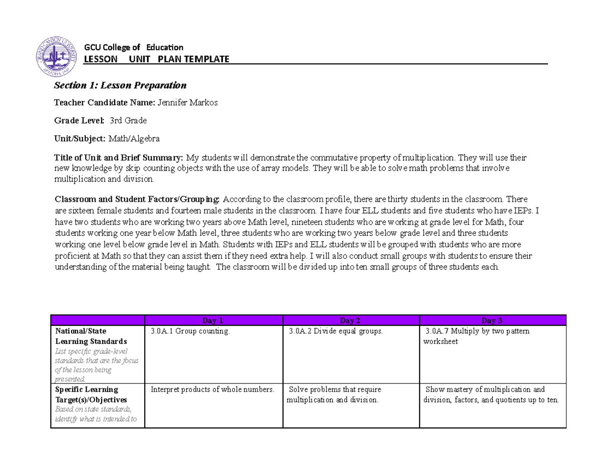 3 Day Lesson Unit Plan Math - Section 1: Lesson Preparation Teacher ...