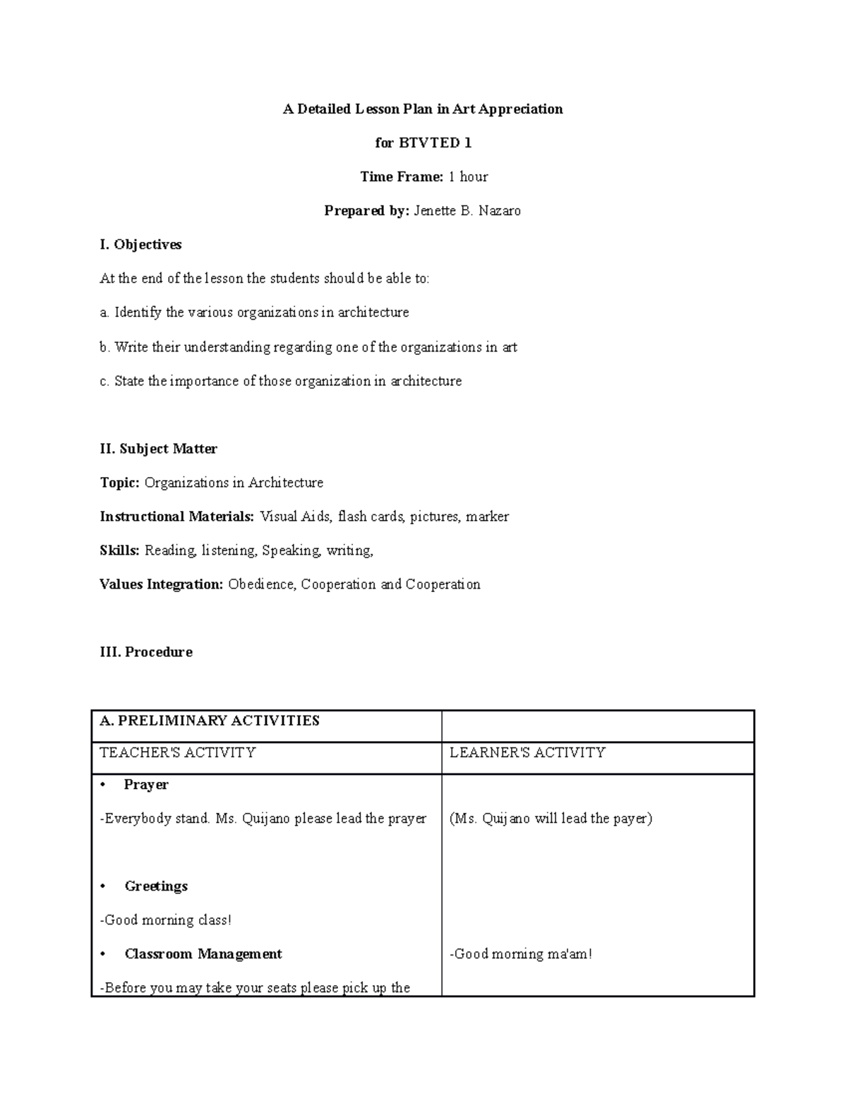 Lesson Plan-WPS Office 1 - A Detailed Lesson Plan in Art Appreciation ...