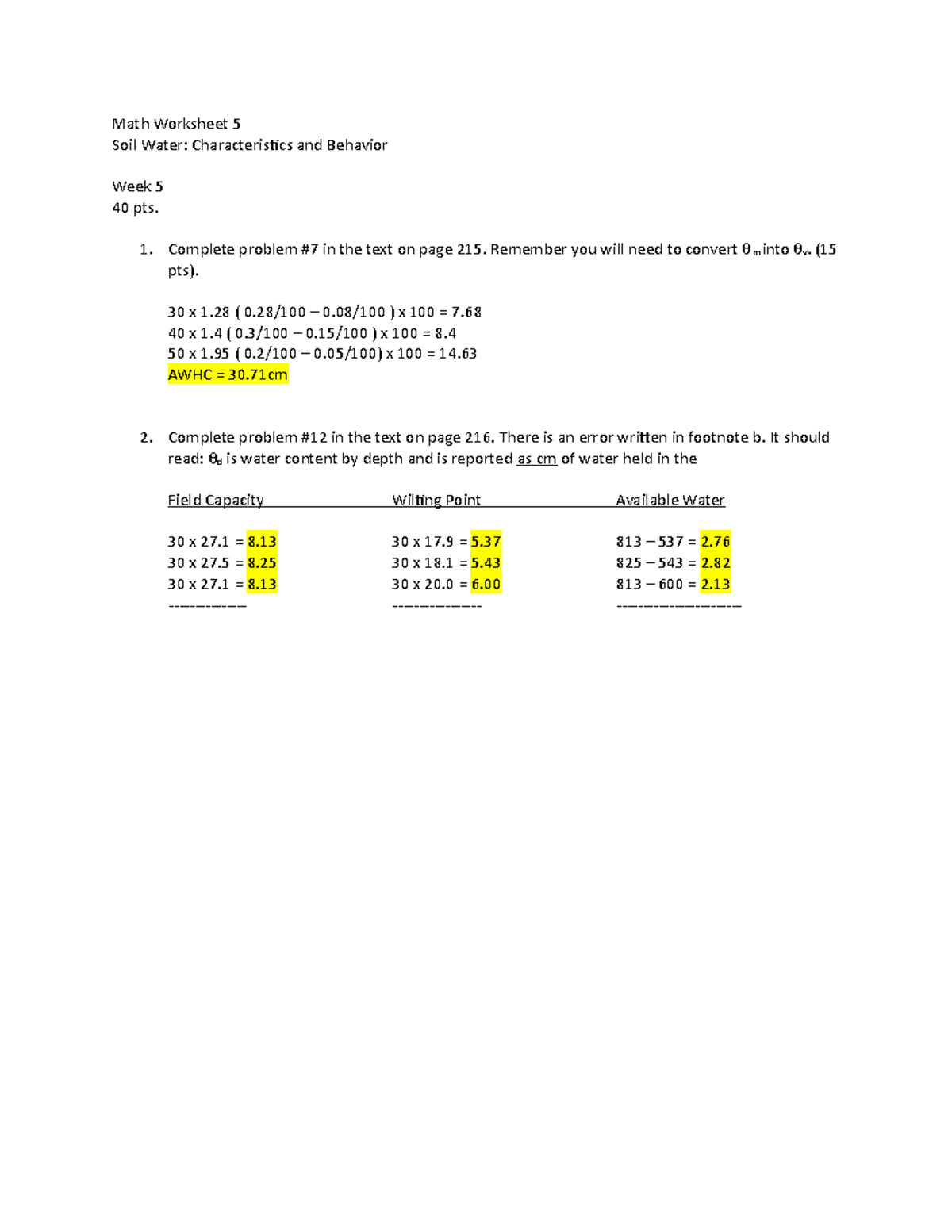 Math 5 - Answers to the 5th lab assignment - Math Worksheet 5 Soil ...