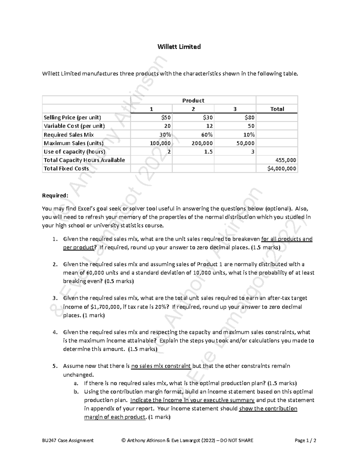 Case 1 - Willett Limited - BU247 Case Assignment © Anthony Atkinson ...