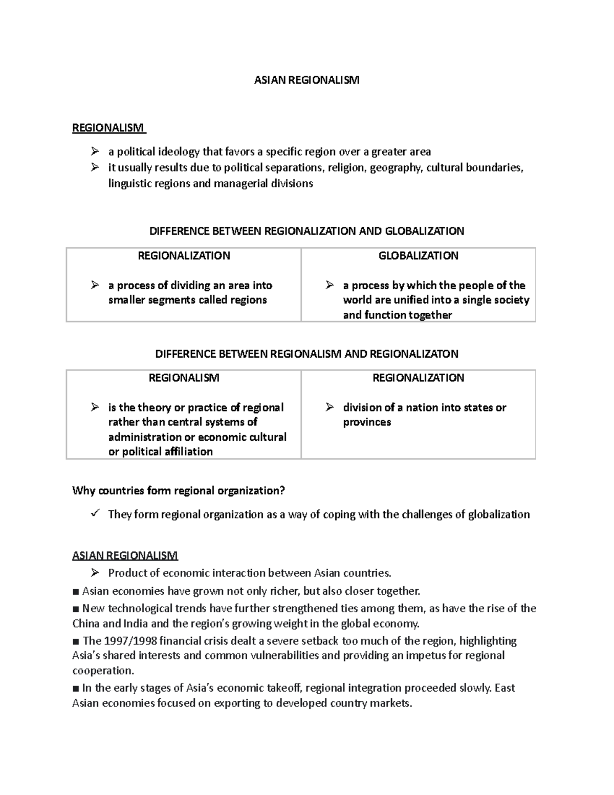 Asian Regionalism Handout - ASIAN REGIONALISM REGIONALISM a political ...