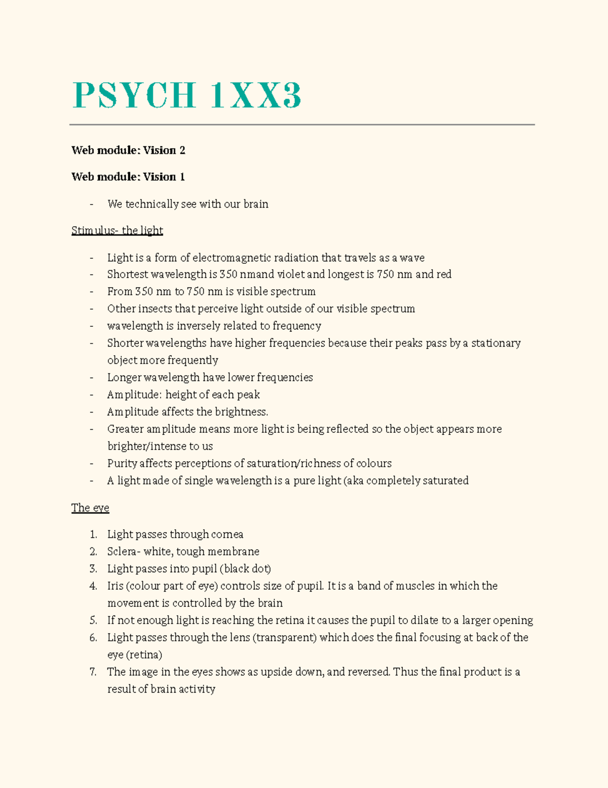Pysch 1XX3 Notes - PSYCH 1XX Web module: Vision 2 Web module: Vision 1 ...