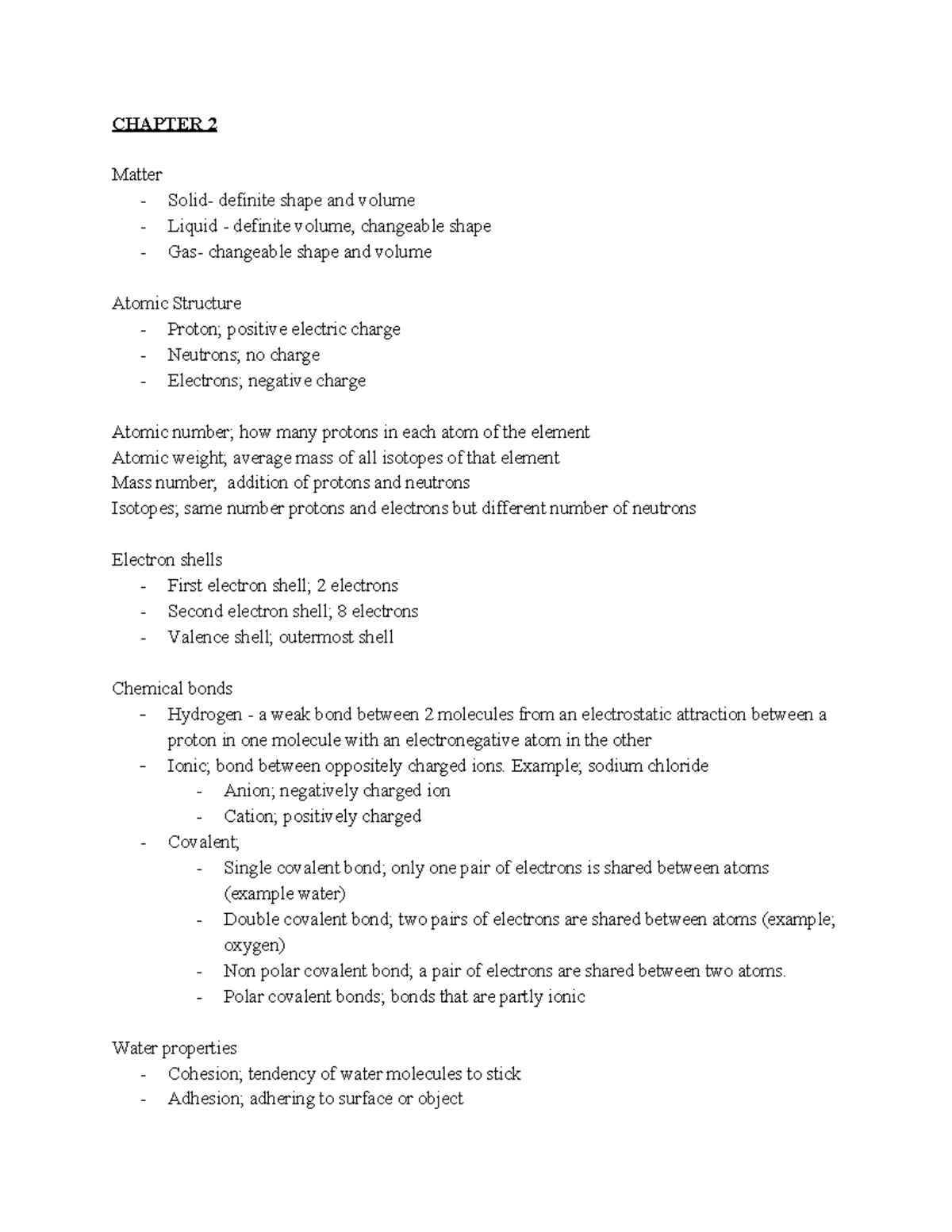 Biology 2 Lecture Notes - CHAPTER 2 Matter - Solid- definite shape and ...