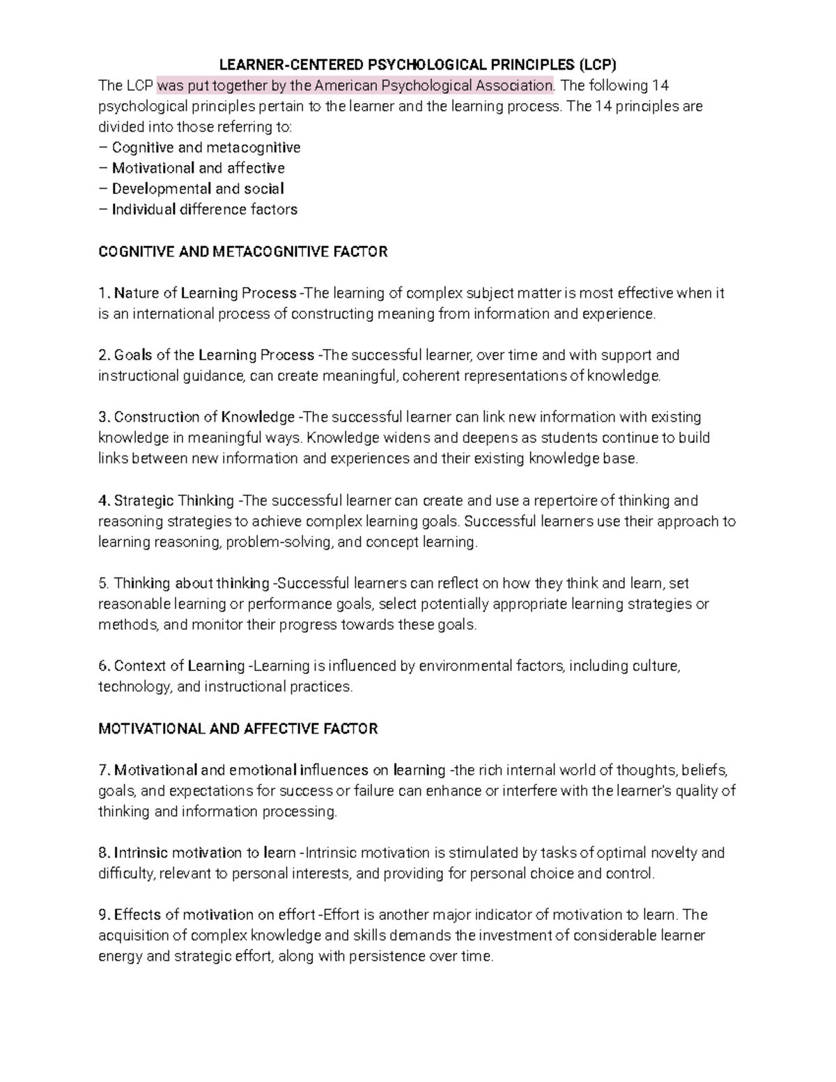 Learner- Centered Psychological Principles (LCP) - LEARNER-CENTERED ...