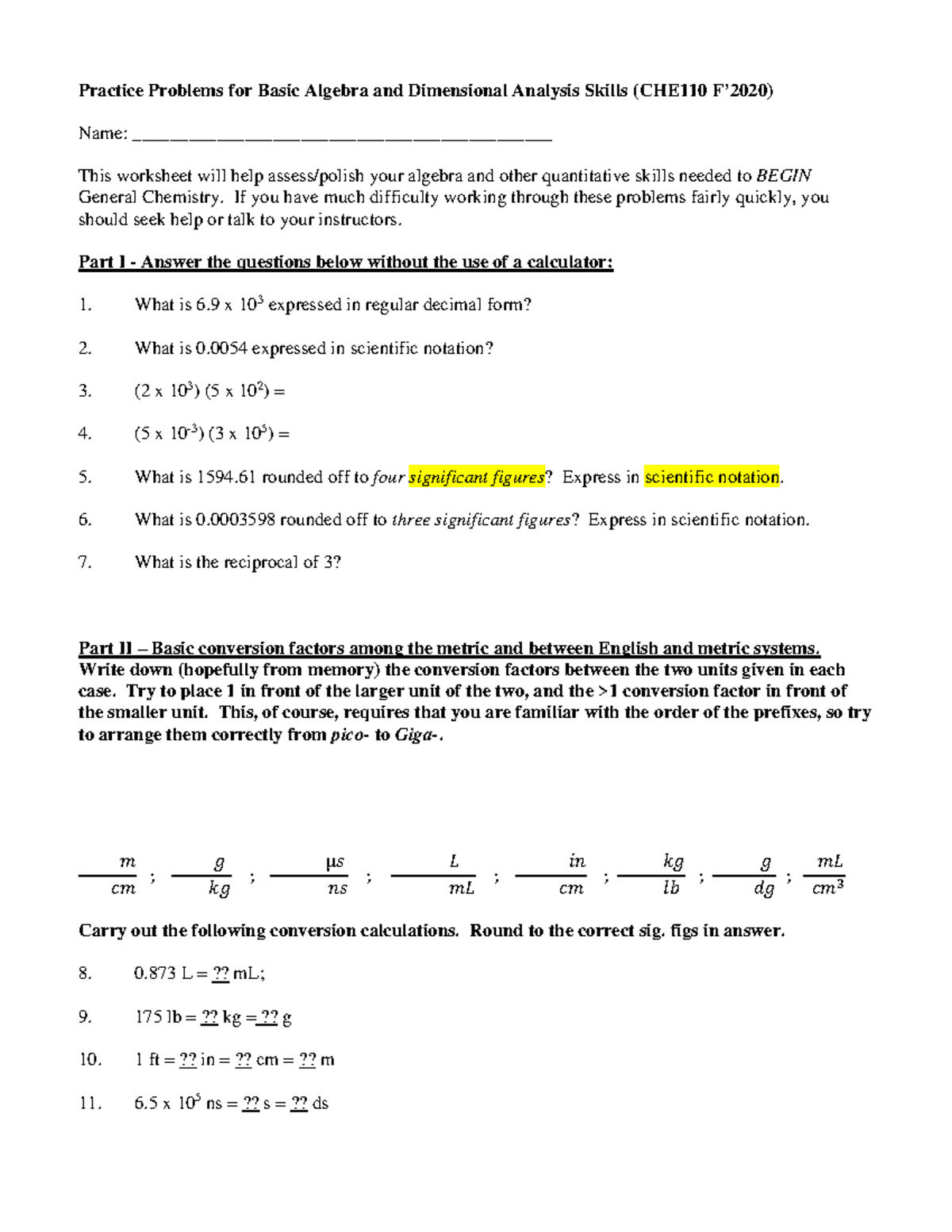 Algebra and dimensional analysis review practice-2 - Practice Problems ...