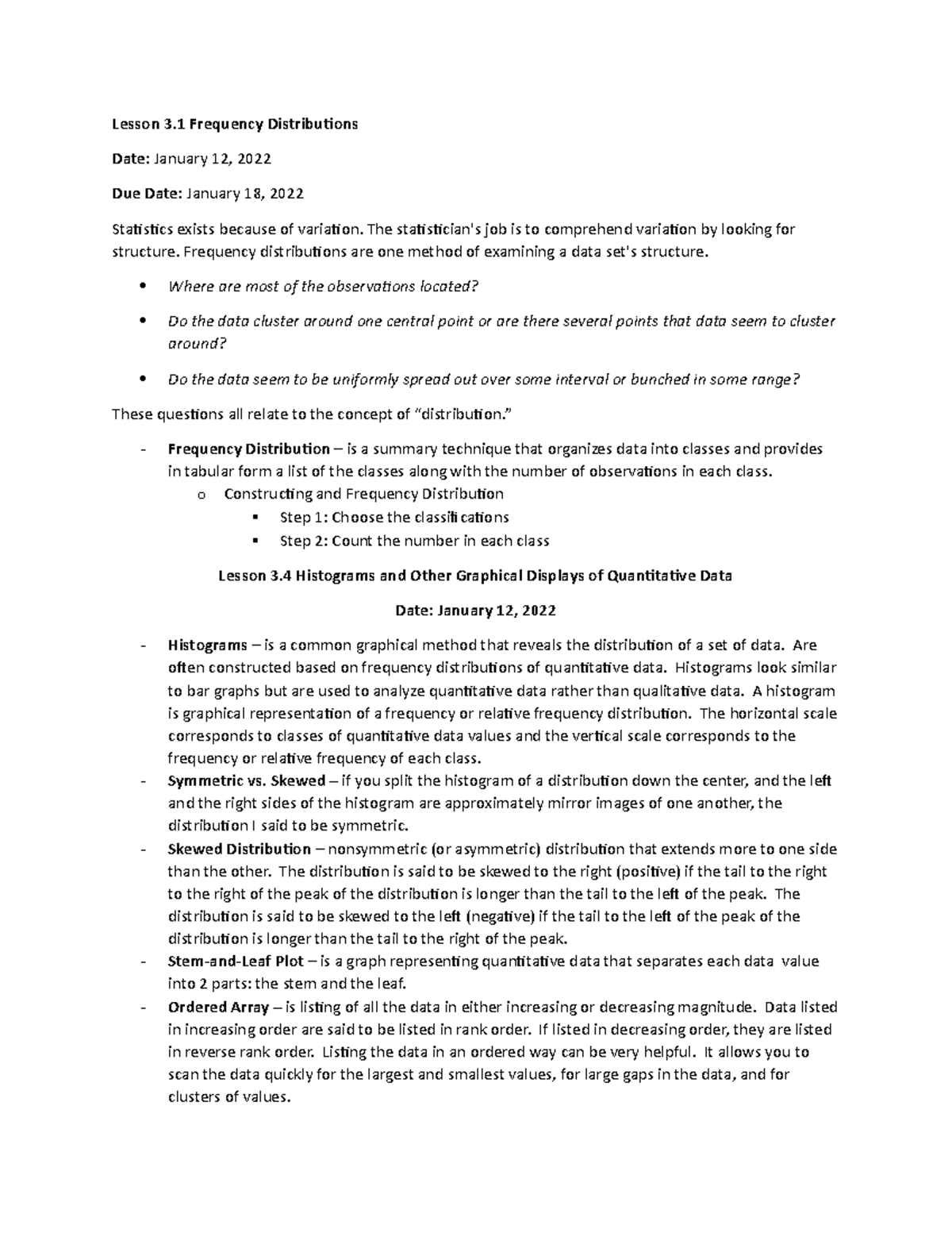 MATH1342 Hawkes Lesson 3.1-3.4 Frequency Distributions - Lesson 3 ...