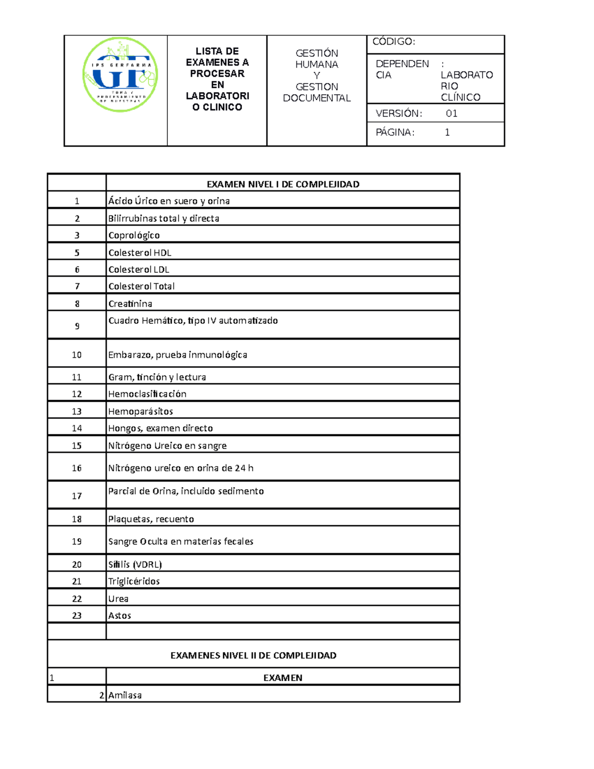 Examenes Laboratorio - retert - LISTA DE EXAMENES A PROCESAR EN ...