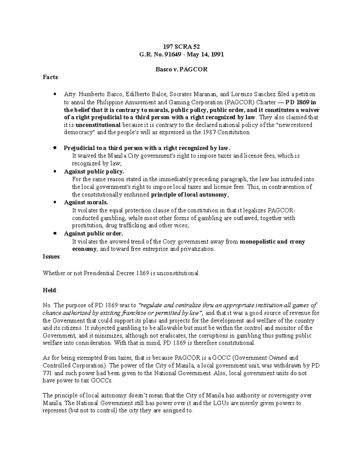 Basco v. Pagcor - Law - 197 SCRA 52 G. No. 91649 - May 14, 1991 Basco v ...