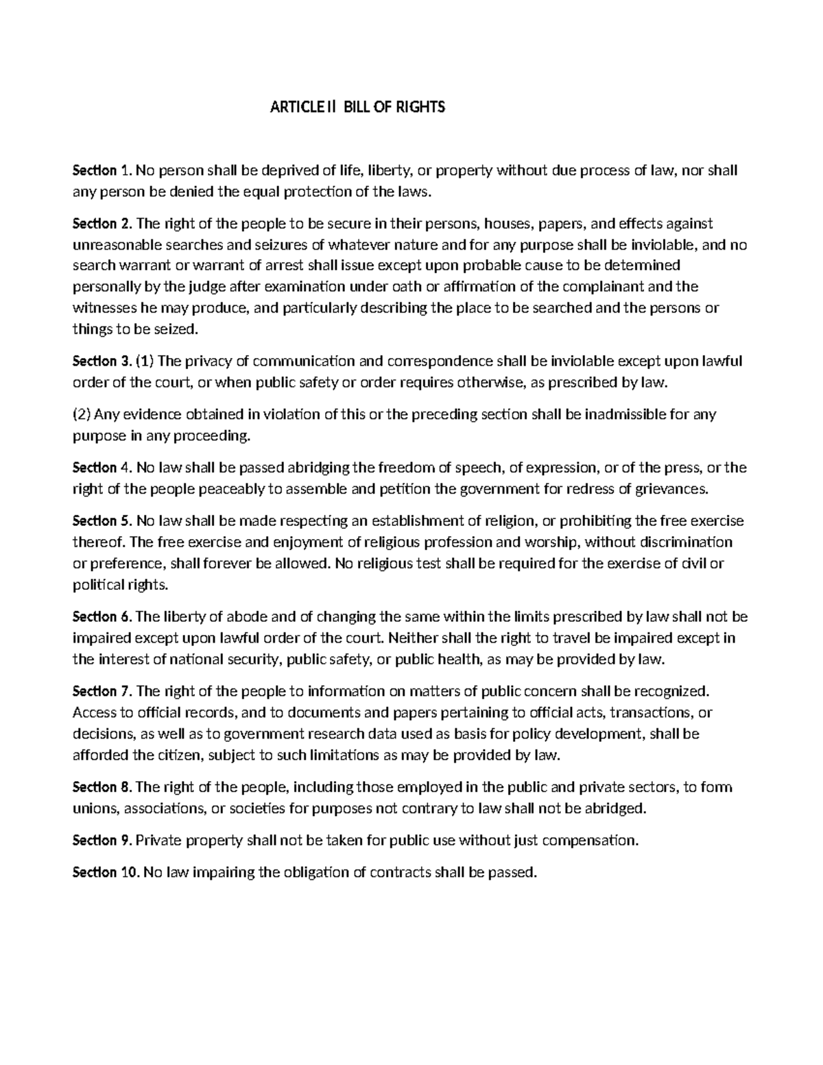 BILL OF Rights - Summary Bs Secondary Education - ARTICLE Il BILL OF RIGHTS Section 1. No person ...